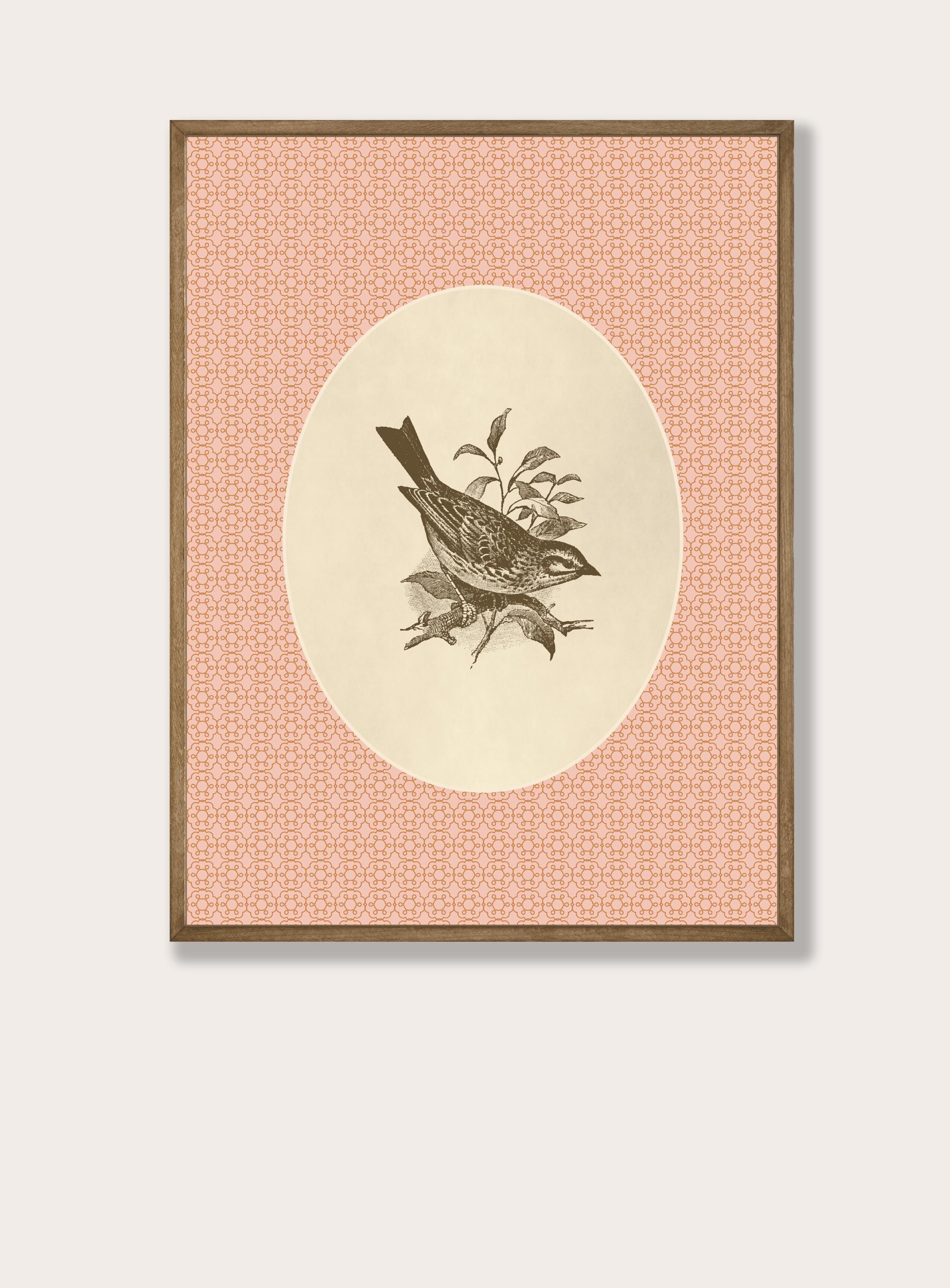 Bird on Branch Art Printable Retro Bird Wall Art Orange Pink Terracotta ...