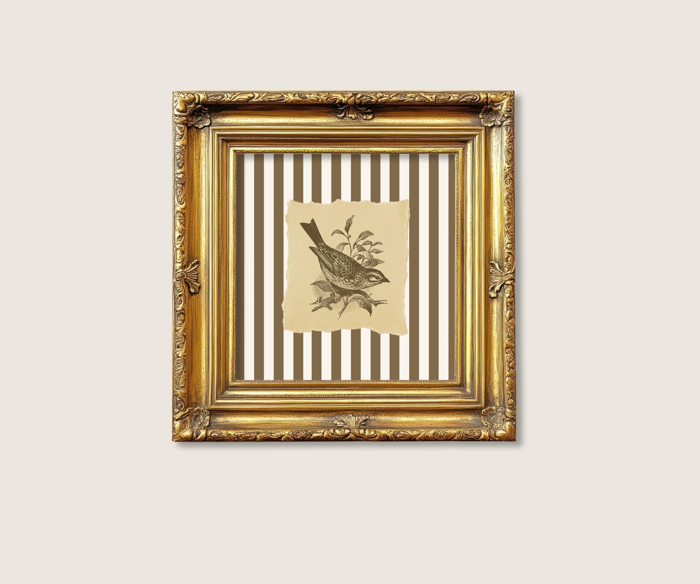 Vintage Bird Prints Retro Bird Art Brown Striped Art Print Grand ...