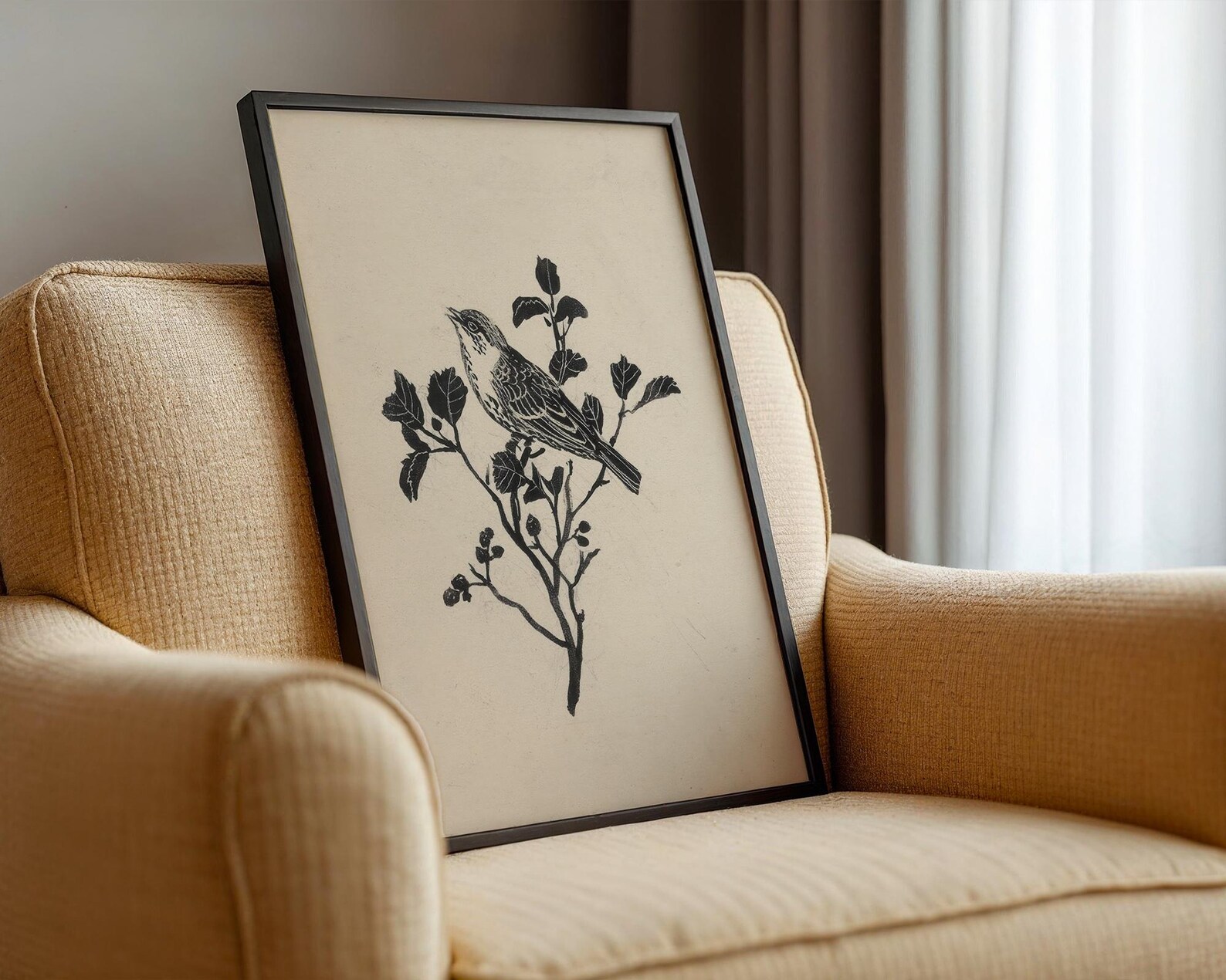 Vintage Bird Print, Bird on Branch Ink Drawing, Victorian Bird Art ...