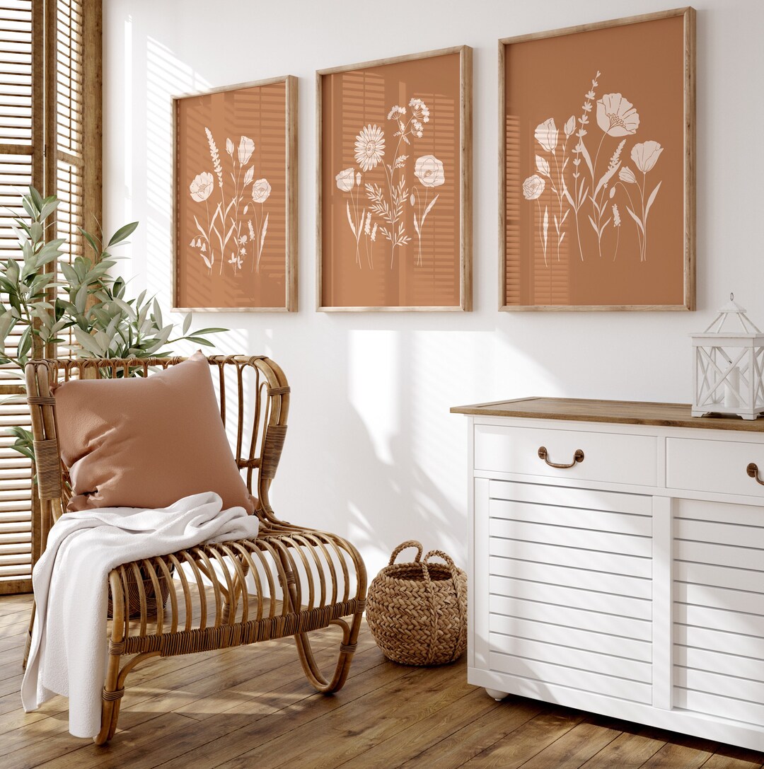 Digital Wildflower Wall Art Burnt Orange Art Work 3 Piece Wall Art ...