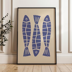 Blue Fish Print, Minimalist Fish Poster, Sardines Art Print, Retro ...