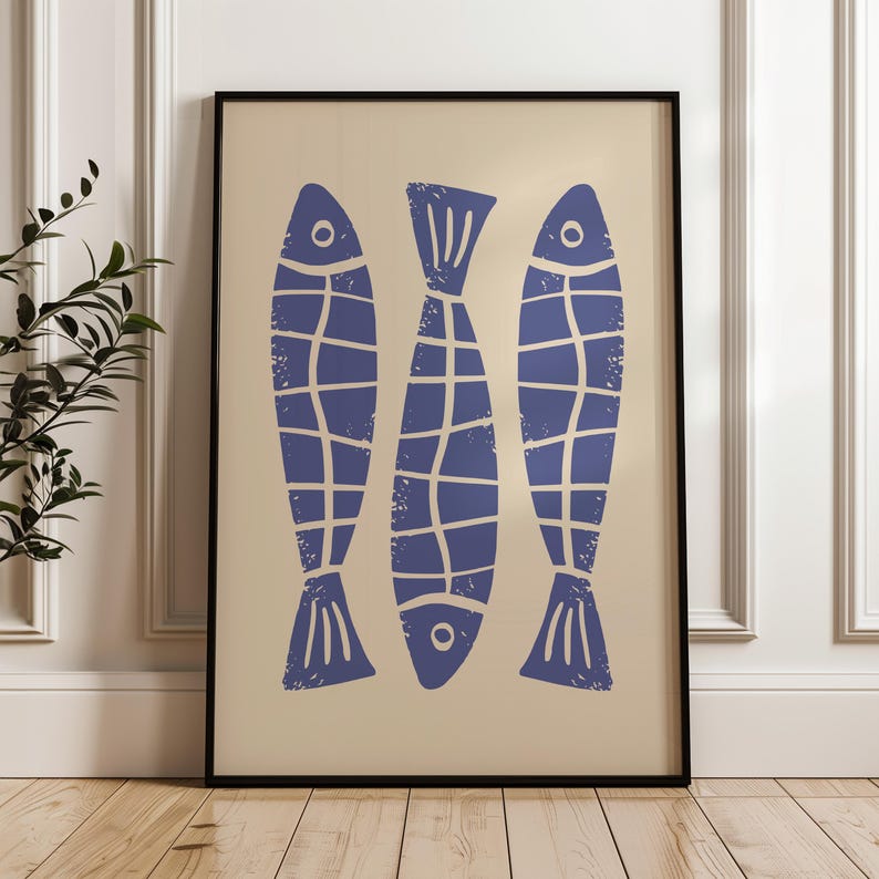 Blue Fish Print, Minimalist Fish Poster, Sardines Art Print, Retro ...