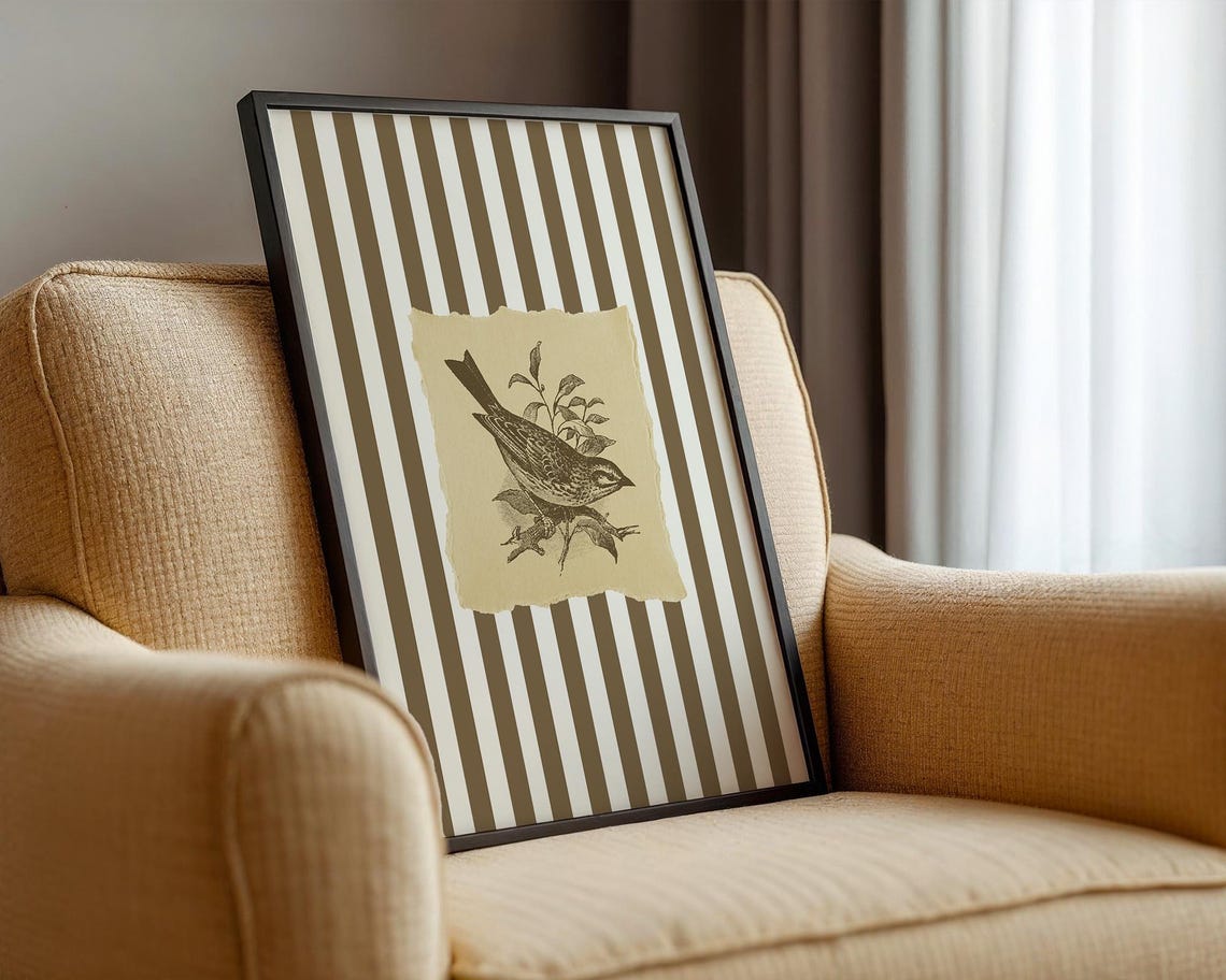 Vintage Bird Prints Retro Bird Art Brown Striped Art Print Grand ...