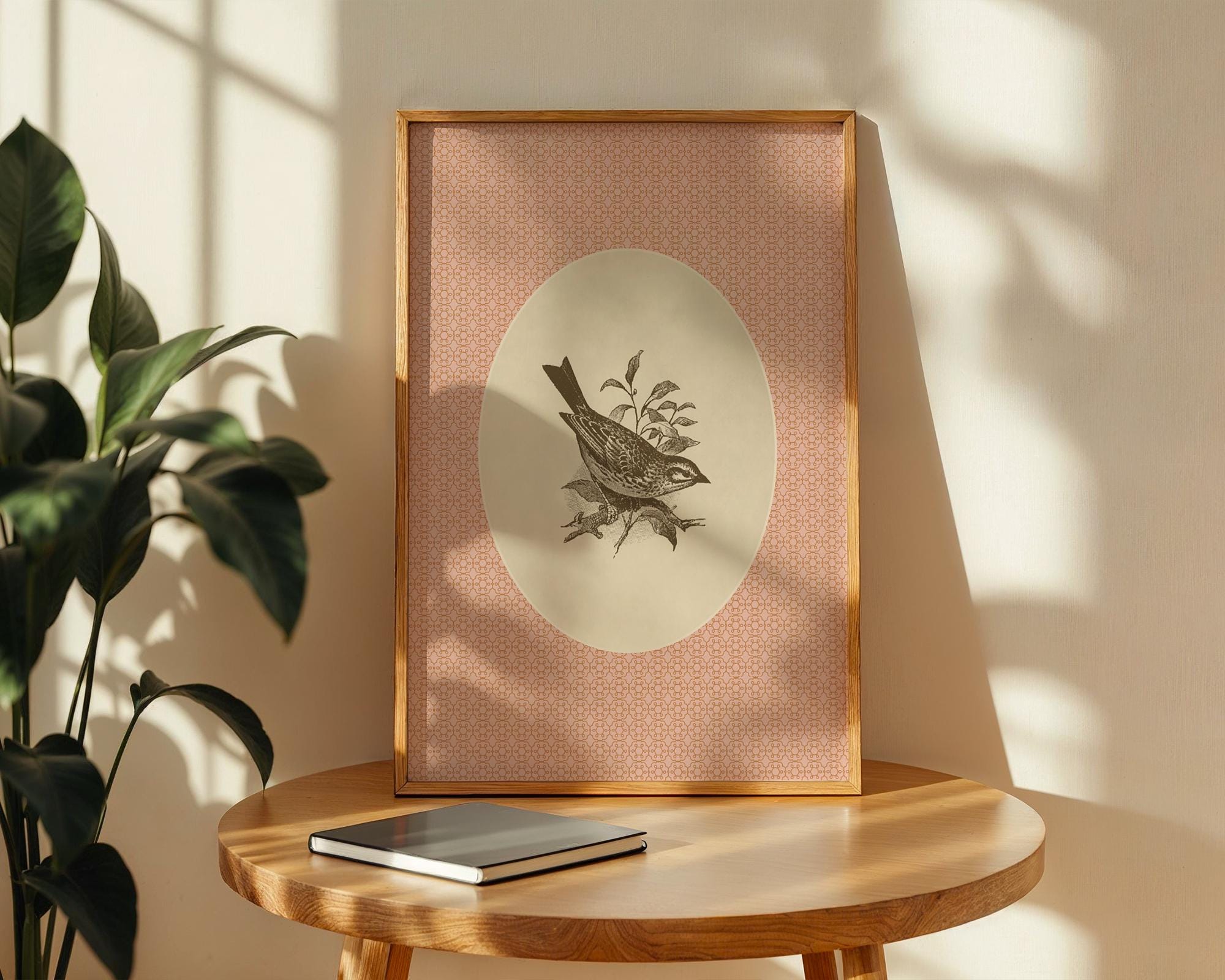 Bird on Branch Art Printable Retro Bird Wall Art Orange Pink Terracotta ...