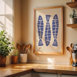 Blue Fish Print, Minimalist Fish Poster, Sardines Art Print, Retro ...
