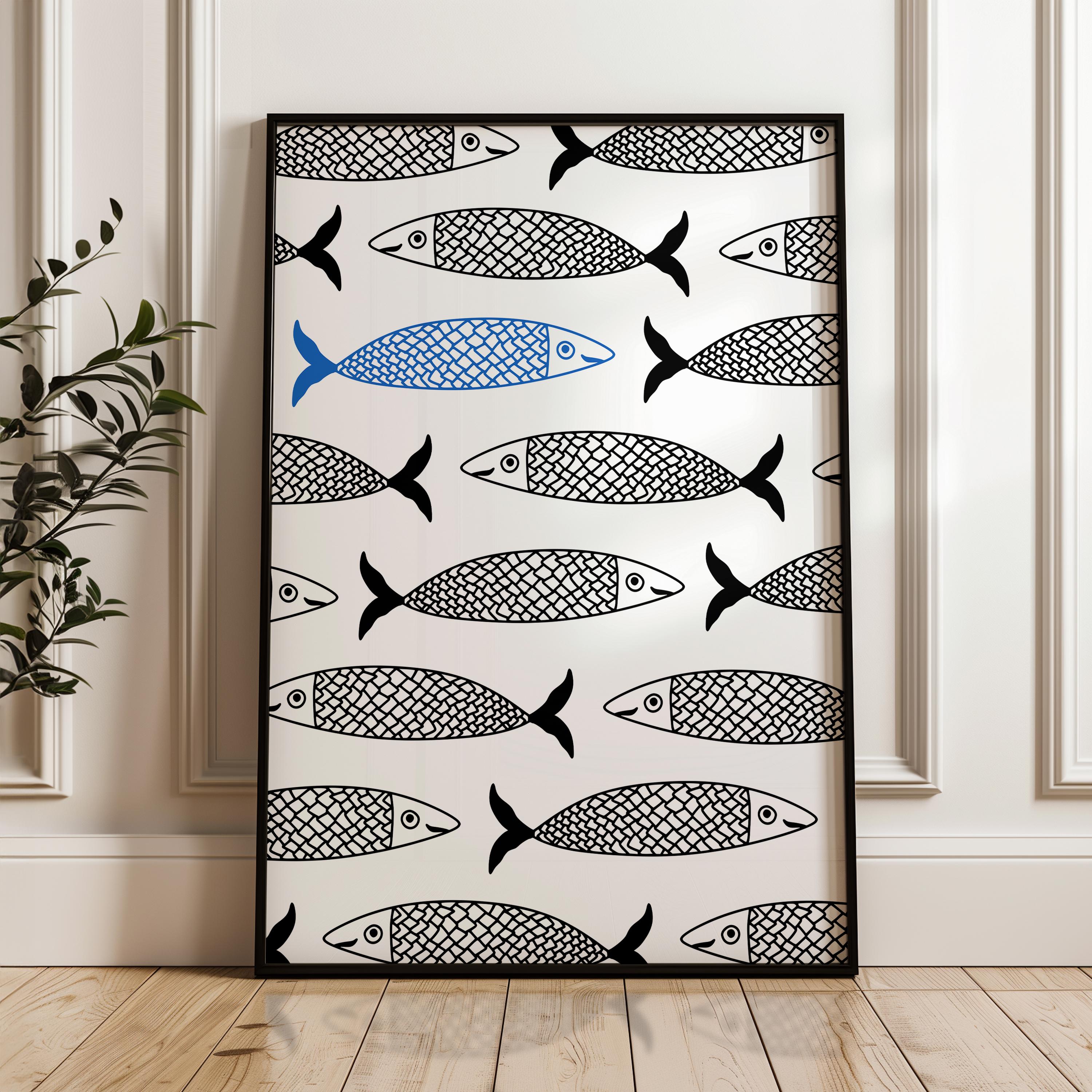 Minimalist Fish Poster Sardines Art Print Abstract Fish Wall Art Black ...