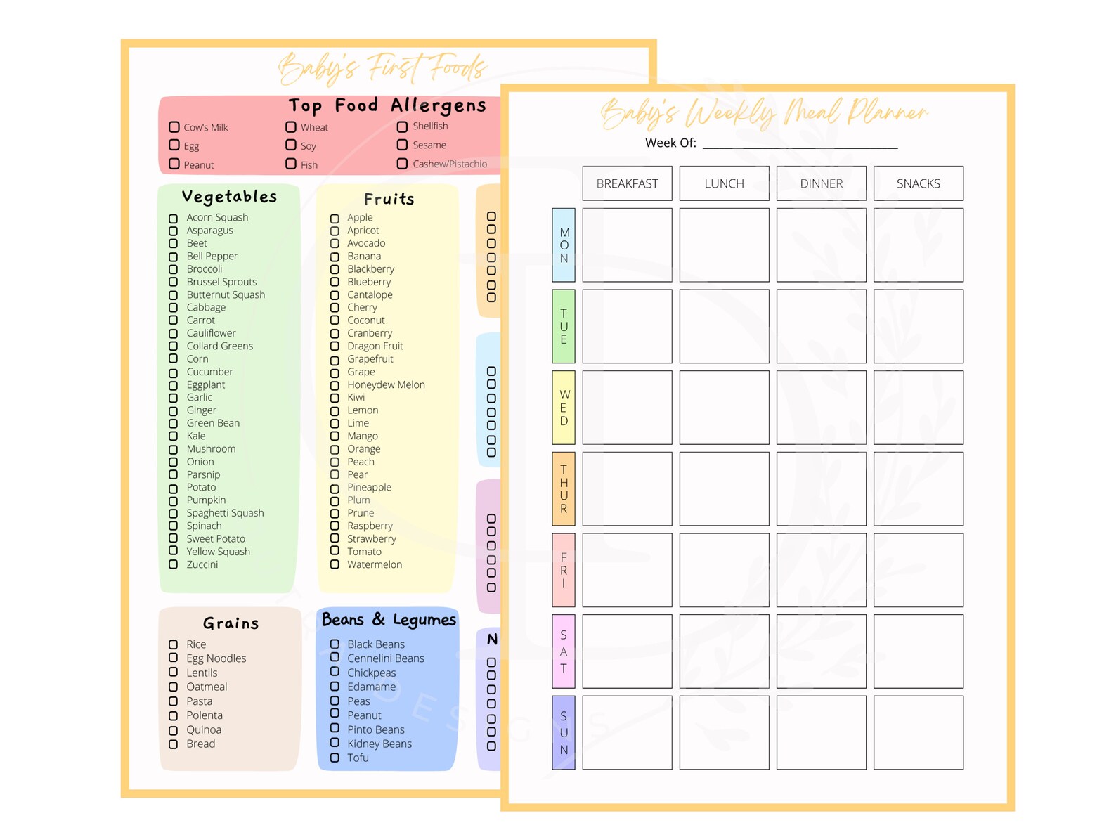 BABY FOOD CHECKLIST | Food Checklist & Weekly Meal Plan Printables ...