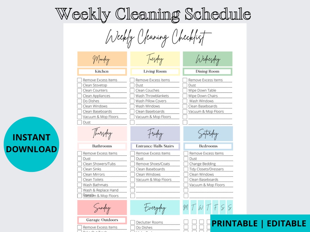 WEEKLY CLEANING SCHEDULE | Cleaning Checklist, Weekly Cleaning Planner ...