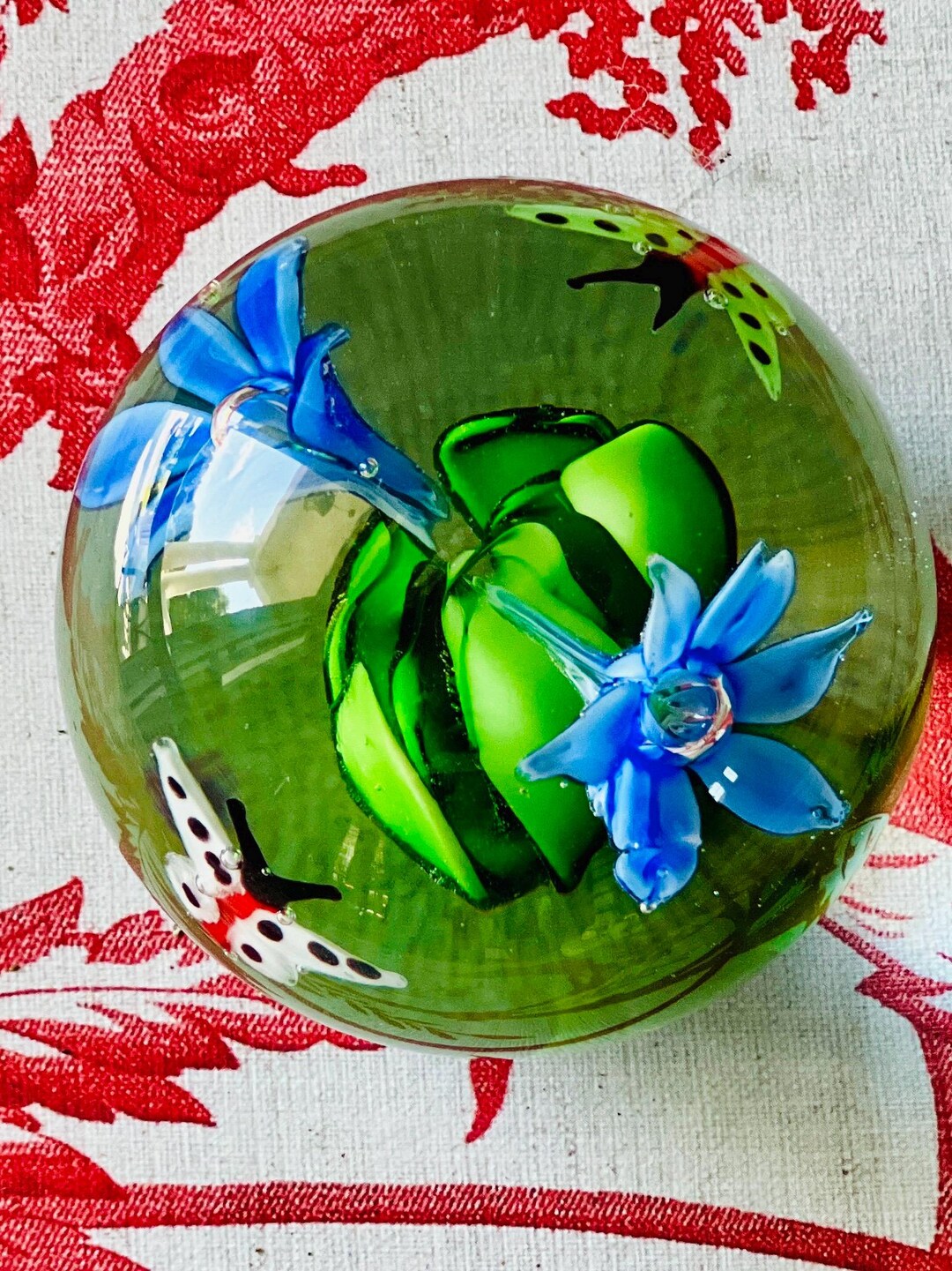Vintage Art Glass Paperweight – Blue Flowers & Butterflies Encased in ...