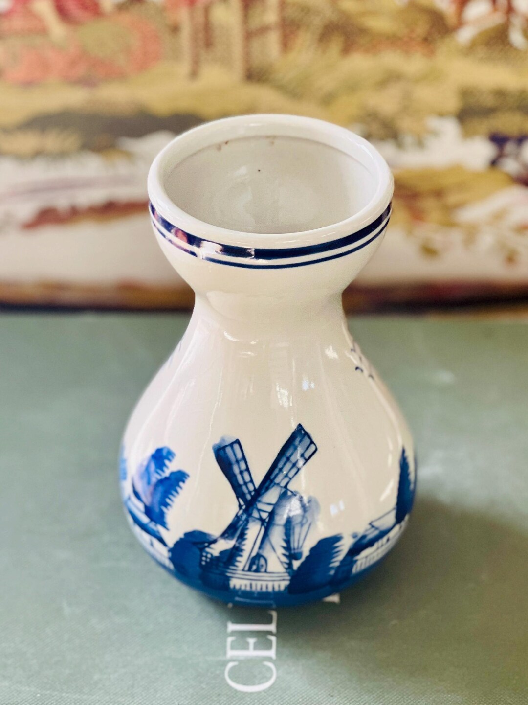Vintage Blue & White Dutch-style Vase – Hand-painted Windmill and ...