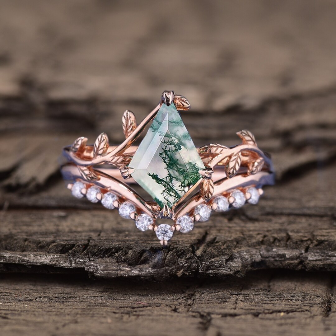 Vintage Kite Cut Green Moss Agate Engagement Ring Set, 14k Rose Gold Kite Moss Agate Leaf Ring ...