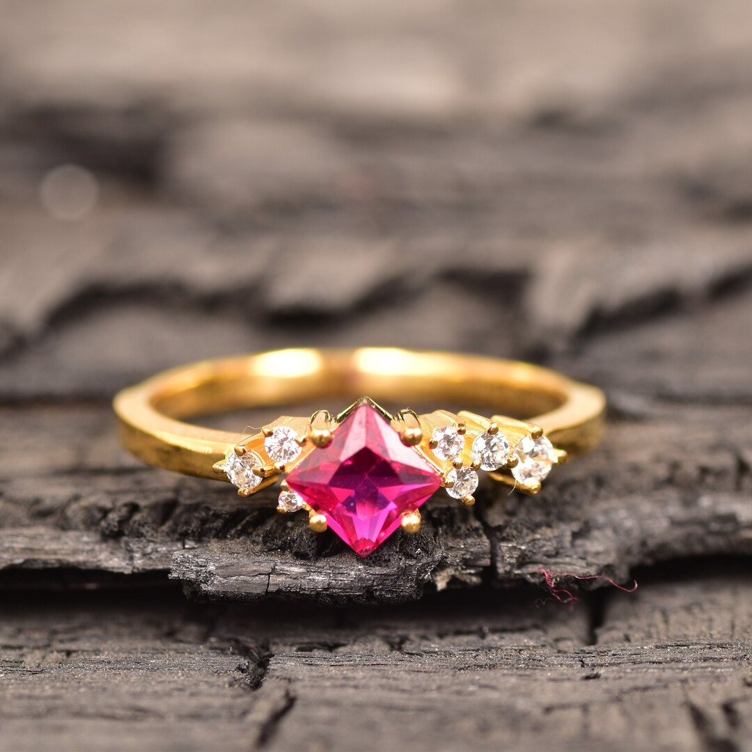 Princess Cut Ruby Engagement Ring Unique Gold Diamond Bridal - Etsy
