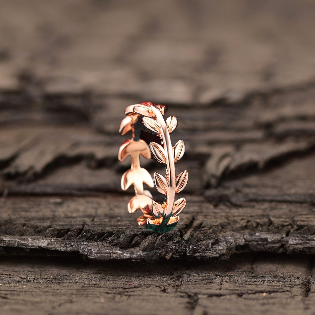 14k Solid Gold Leaf Wedding Ring, Olive Leaf Ring, Unique Stacking Nature Ring, Eternity Vine ...