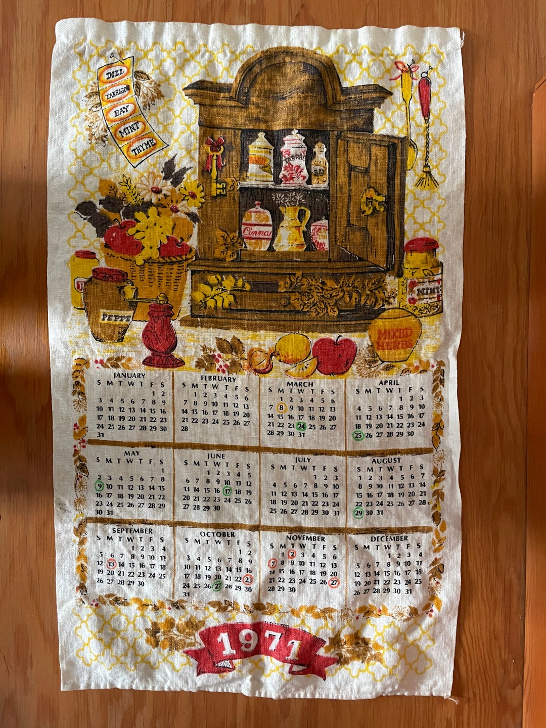 Vintage Kitchen Calendar Towel 1971 With Kitchen Spices, Flowers ...