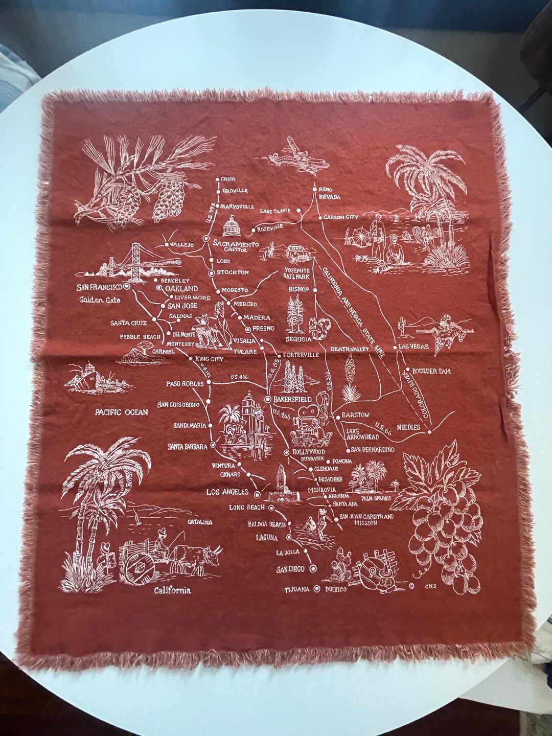 MCM Vintage Linen Map of California Terra Cotta Colored Table/scarf ...
