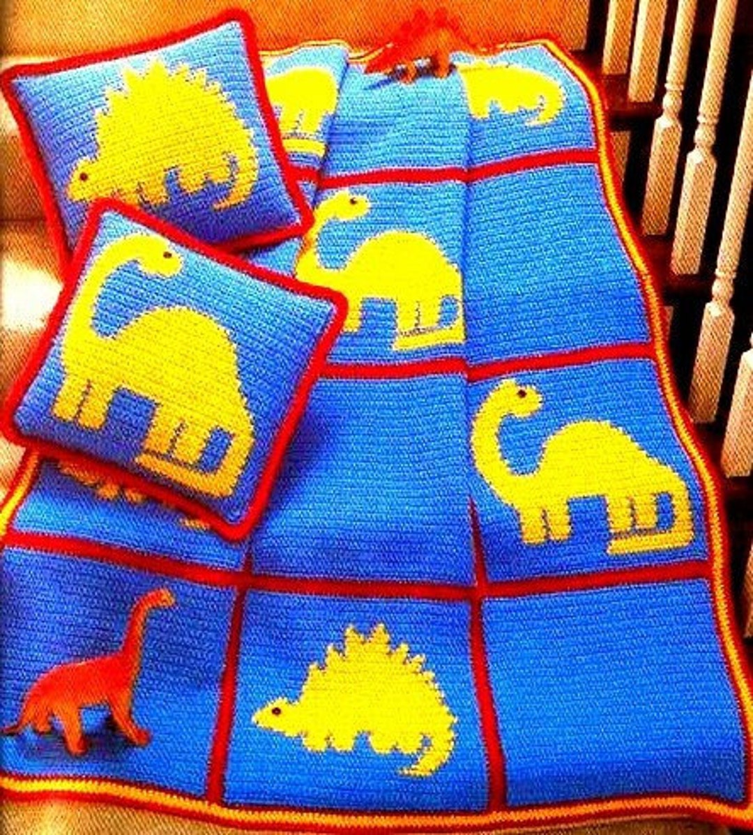 Vintage Crochet Pattern Dinosaur Afghan and Pillow Set Brontosaurus ...