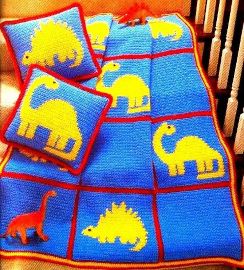 Vintage Crochet Pattern Dinosaur Afghan and Pillow Set - Etsy