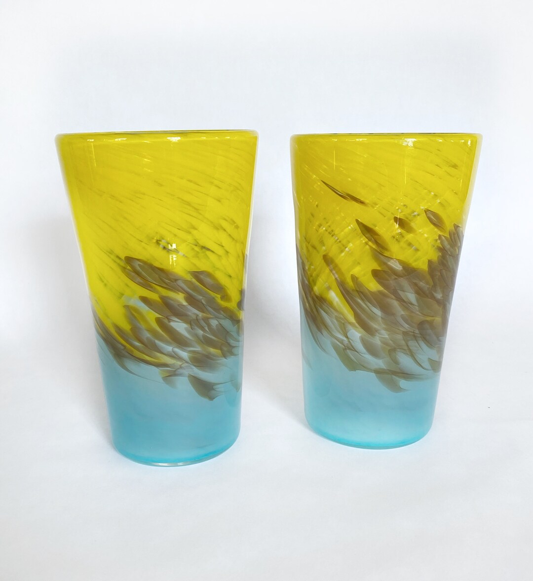 2 Handblown Pint Glasses / Bright Yellow and Ocean Blue - Etsy