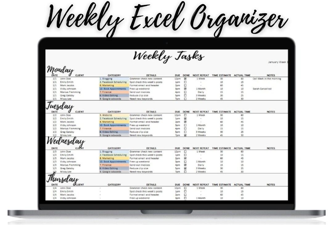 Weekly Excel Orgainzer Task Tracking Manager - Hour and Minutes - Etsy