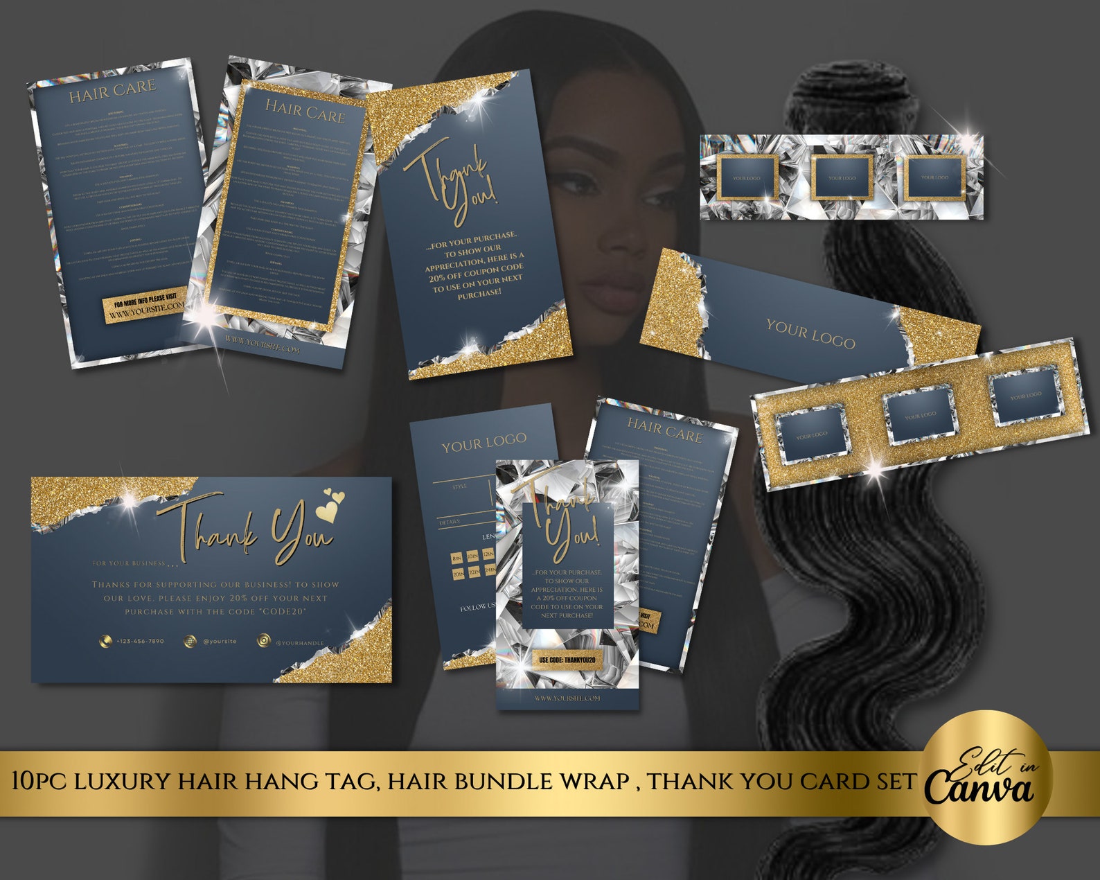Luxury Hair Bundle Wrap Hang Tags and Thank You Card Kit DIY - Etsy