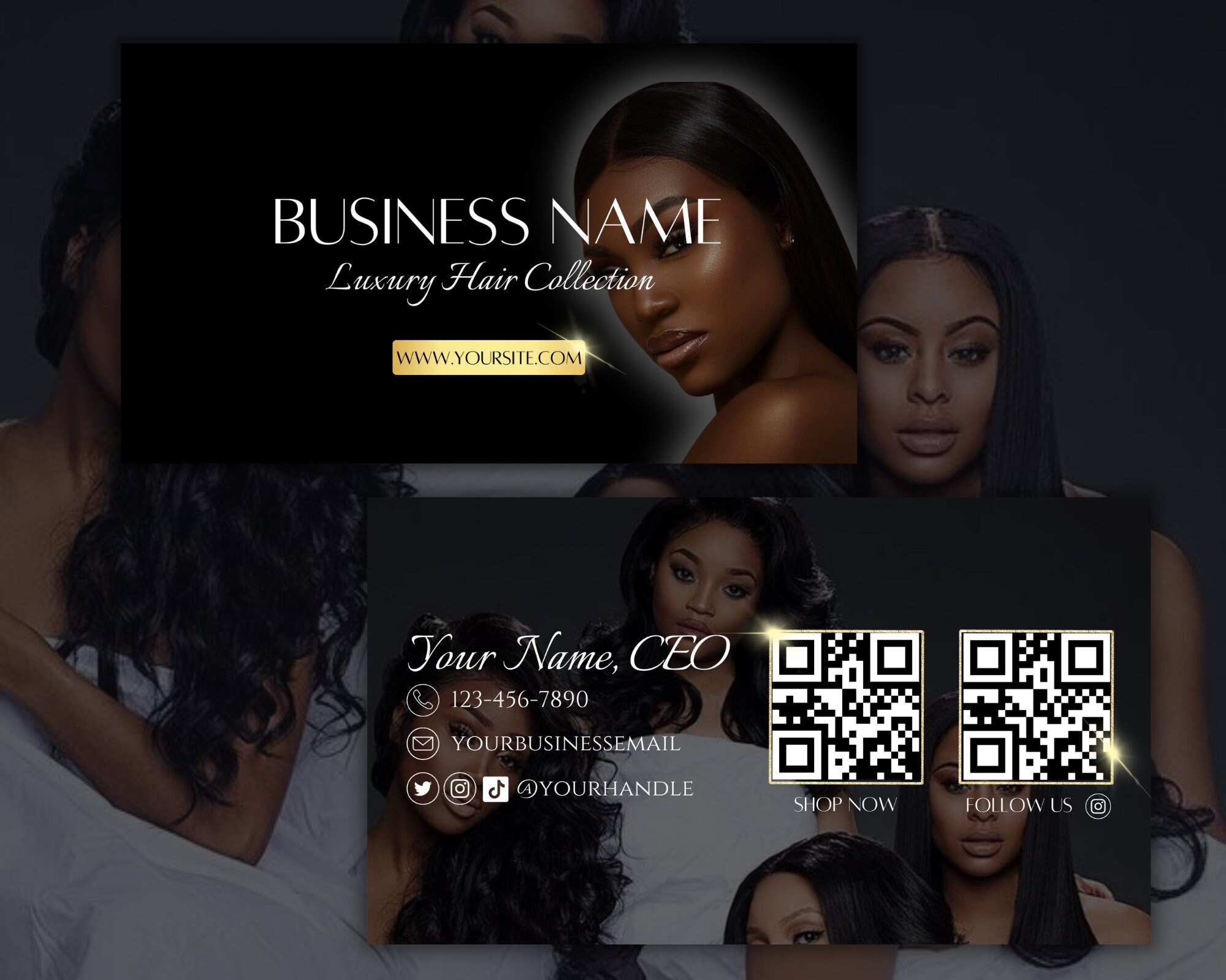 Luxury Business Card Template for Hair Extensions or Wig Store Boutique ...