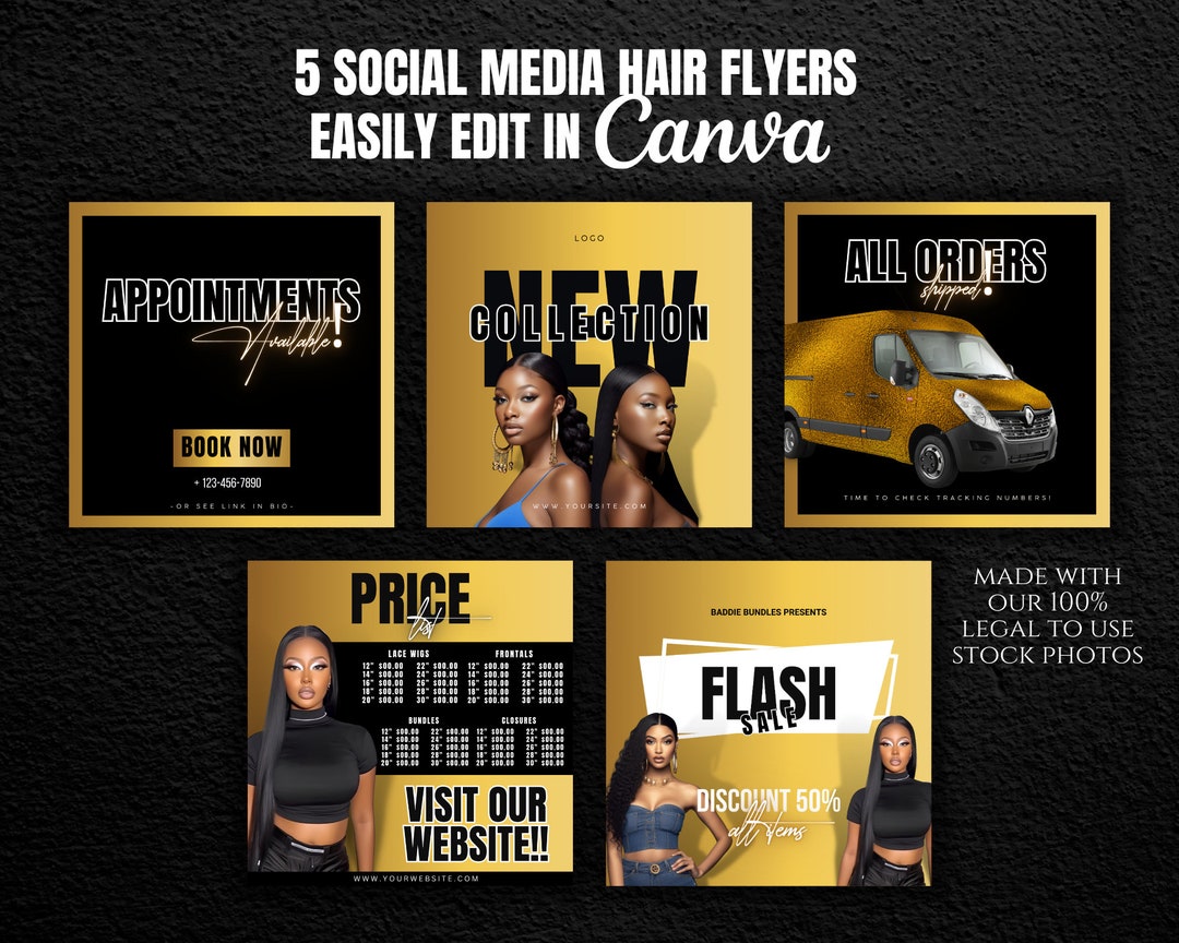 DIY Hair Flyer Bundle| Gold and Black Brand Social Media Flyers for ...