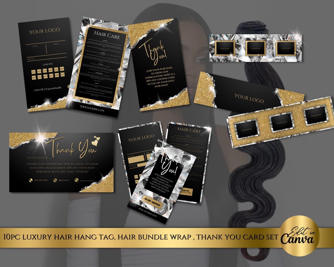 Luxury Black and Gold Hair Bundle Wrap, Hang Tags and Thank You Card ...