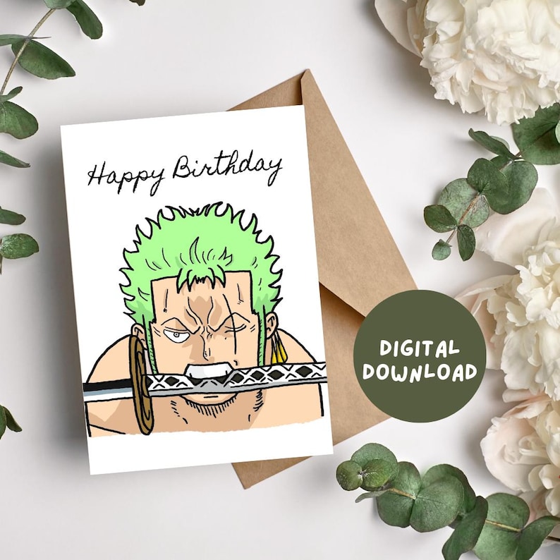 One Piece Zoro Birthday Card PDF Instant Download Anime Birthday Card ...
