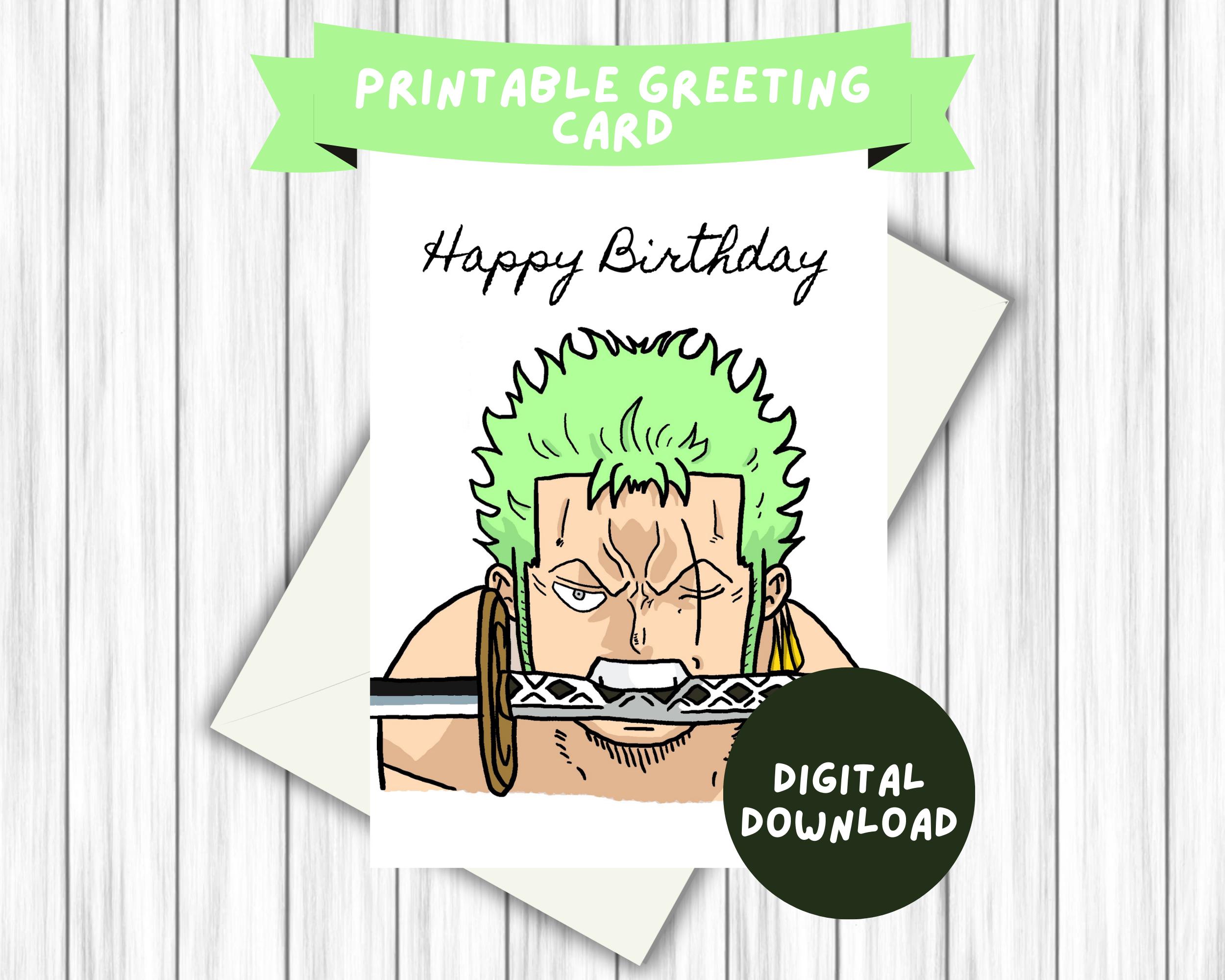 One Piece Zoro Birthday Card PDF Instant Download Anime Birthday Card ...