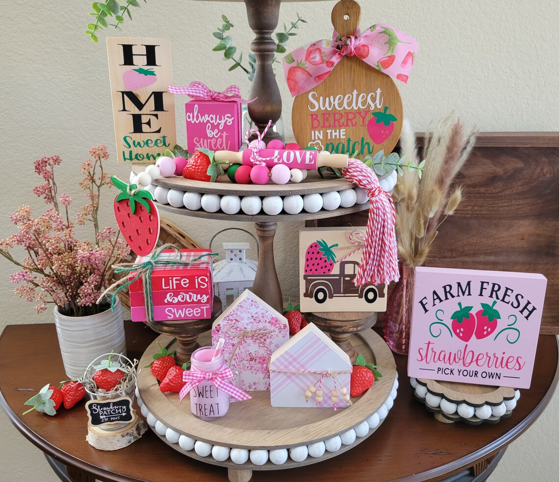 Strawberry Tiered Tray Decor Bundle, Tiered Tray, Strawberry Decor ...