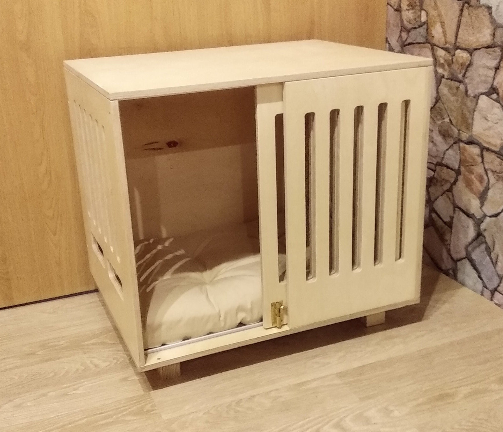 Handmade Baltic Birch Dog Crate: Modern Indoor Kennel With Sliding Door ...