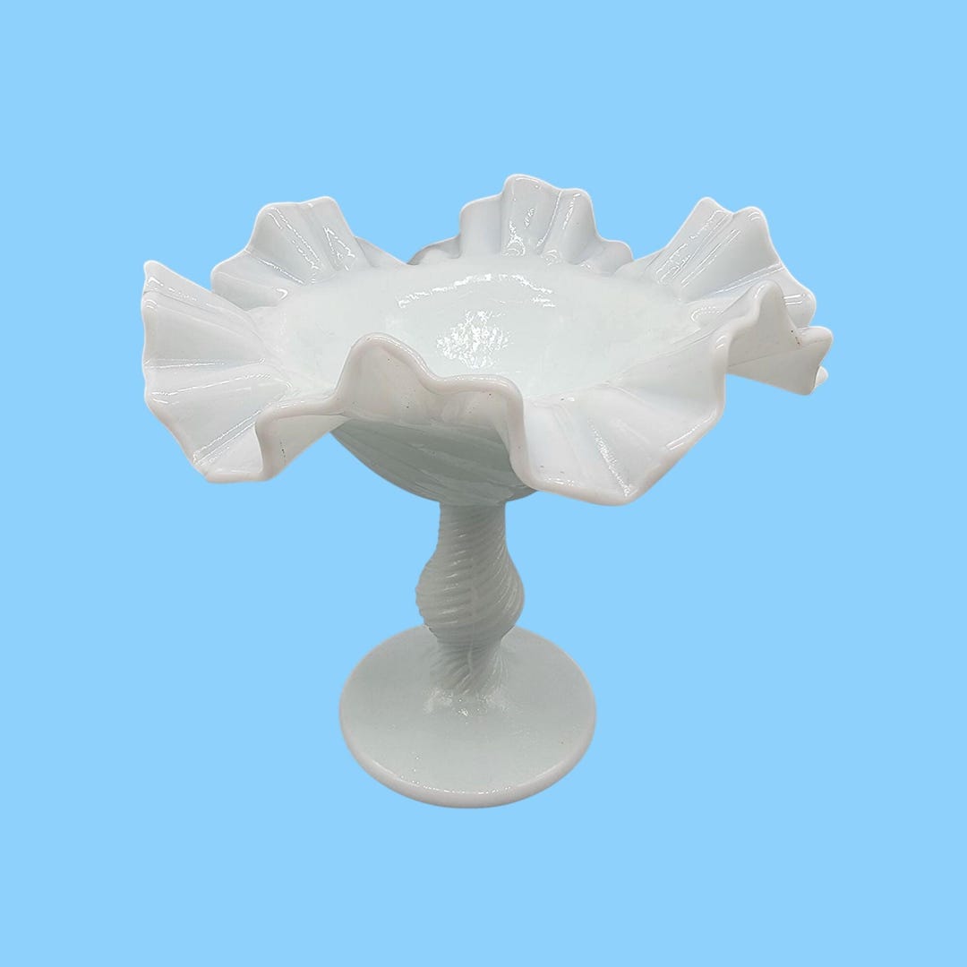 Vintage Lobeco Italian Milk Glass Ruffled Edge Spiral Stem Compote Bowl ...