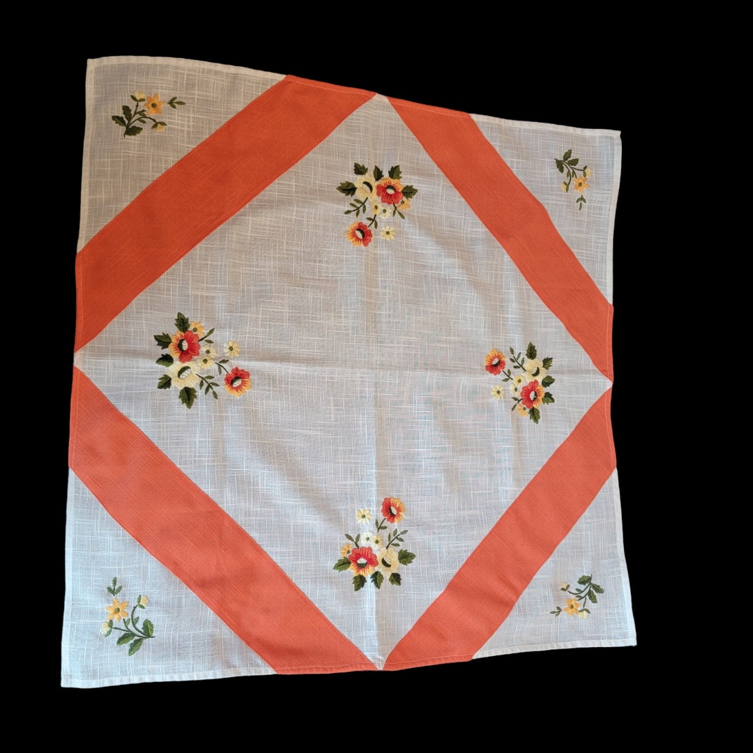 Vintage Square Handmade Embroidered Card Table Tablecloth Floral Orange ...
