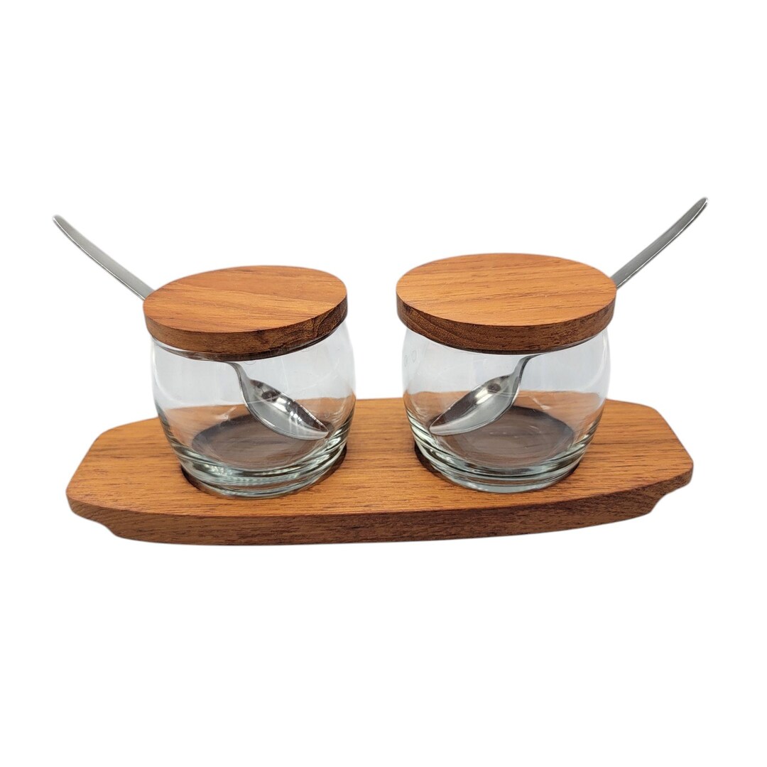 Teak Condiment Serving Set With Glass Jars With Spoons by Dolphin - Etsy