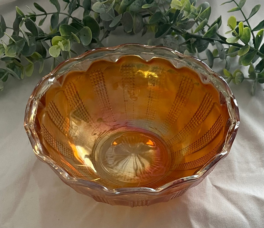 Imperial Glass Diamond Point Columns Berry Bowl Set Marigold Carnival ...