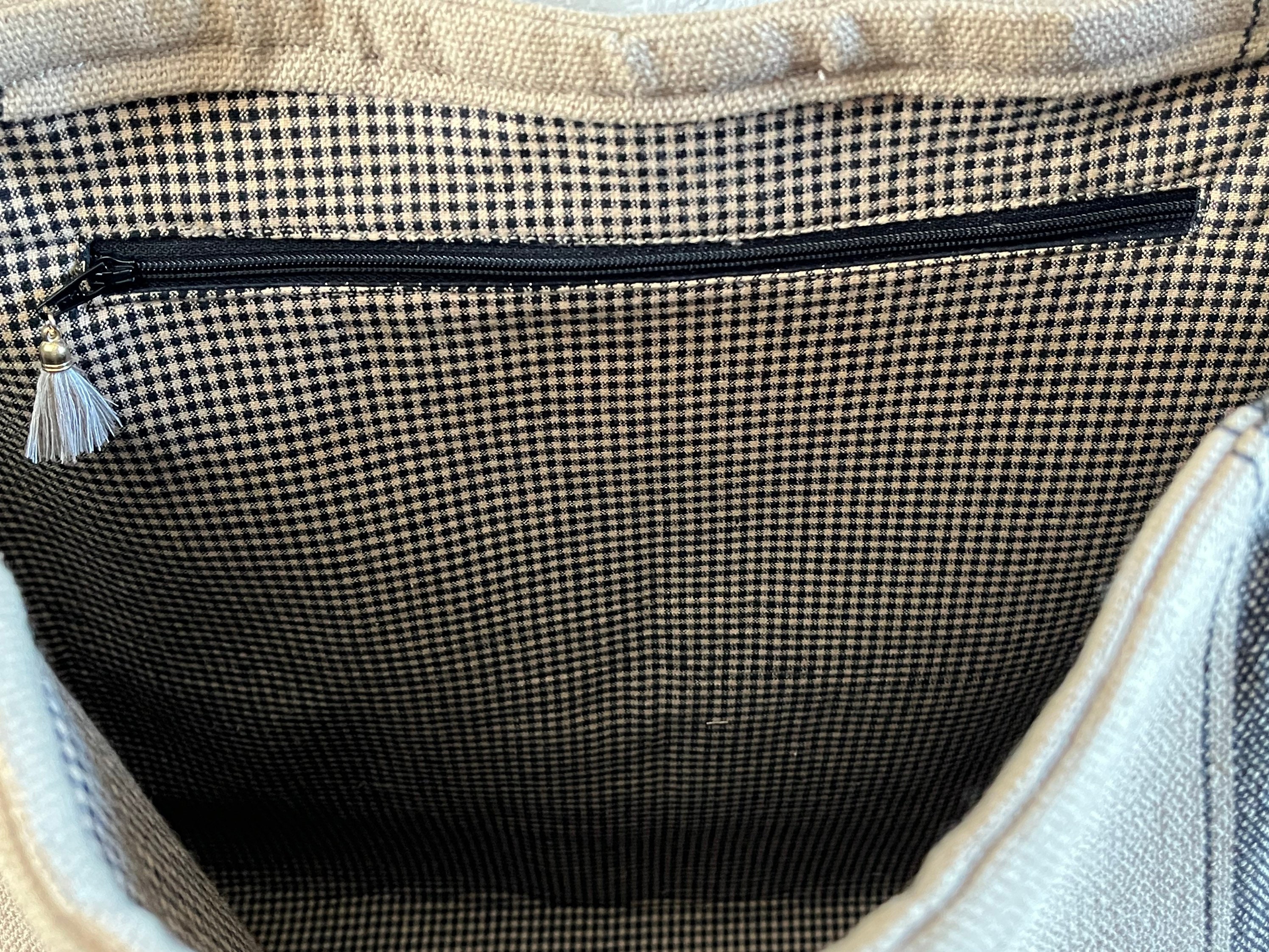 Farmhouse Tote, Brown With Black Stripes Grain Sack Tote, Zipper Pocket ...