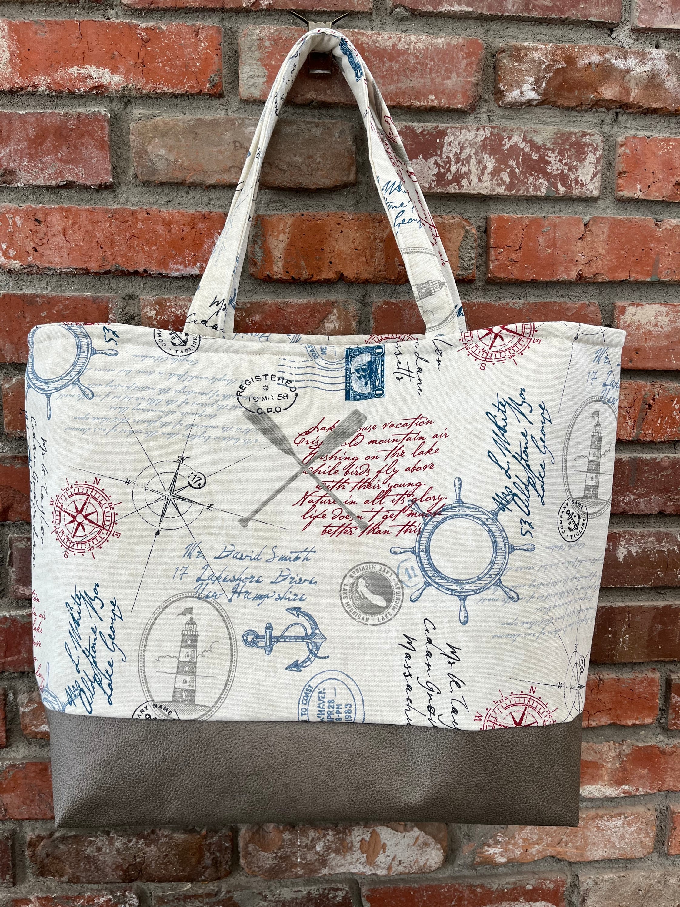 Nautical Canvas Tote Bag, Lighthouse Anchor Print, Large Beach Tote - Etsy