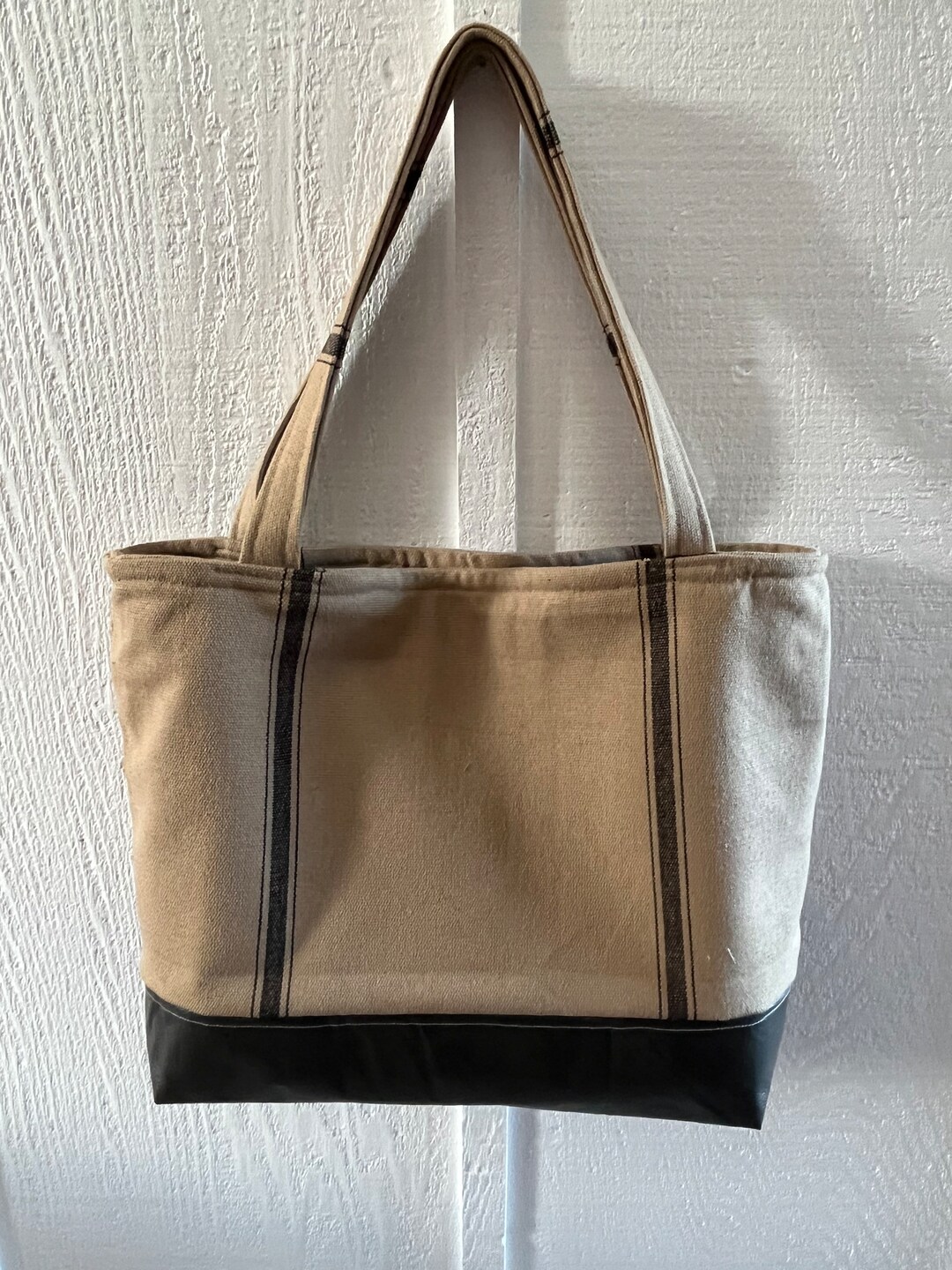 Farmhouse Tote, Brown With Black Stripes Grain Sack Tote, Zipper Pocket ...