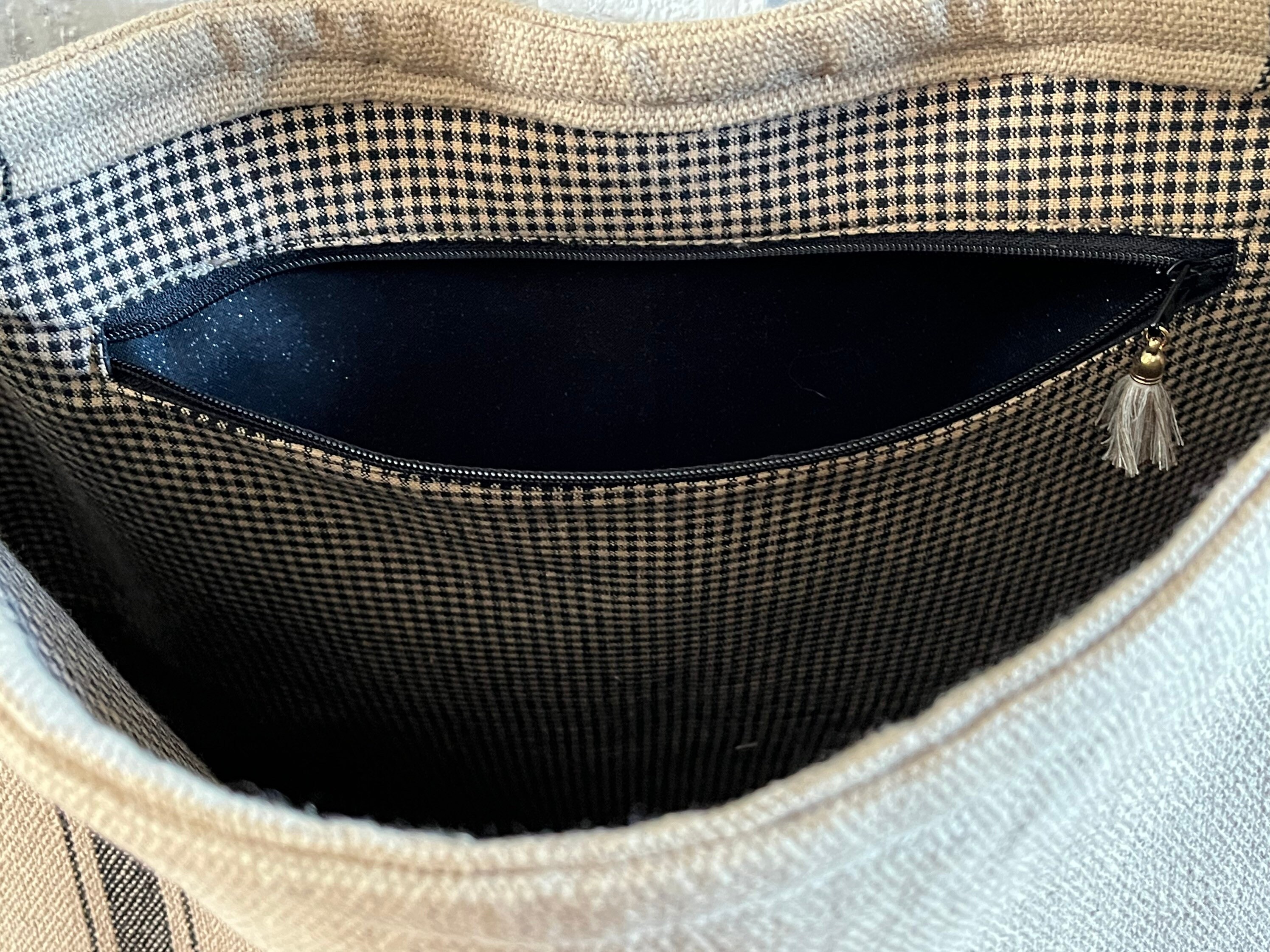 Farmhouse Tote, Brown With Black Stripes Grain Sack Tote, Zipper Pocket ...