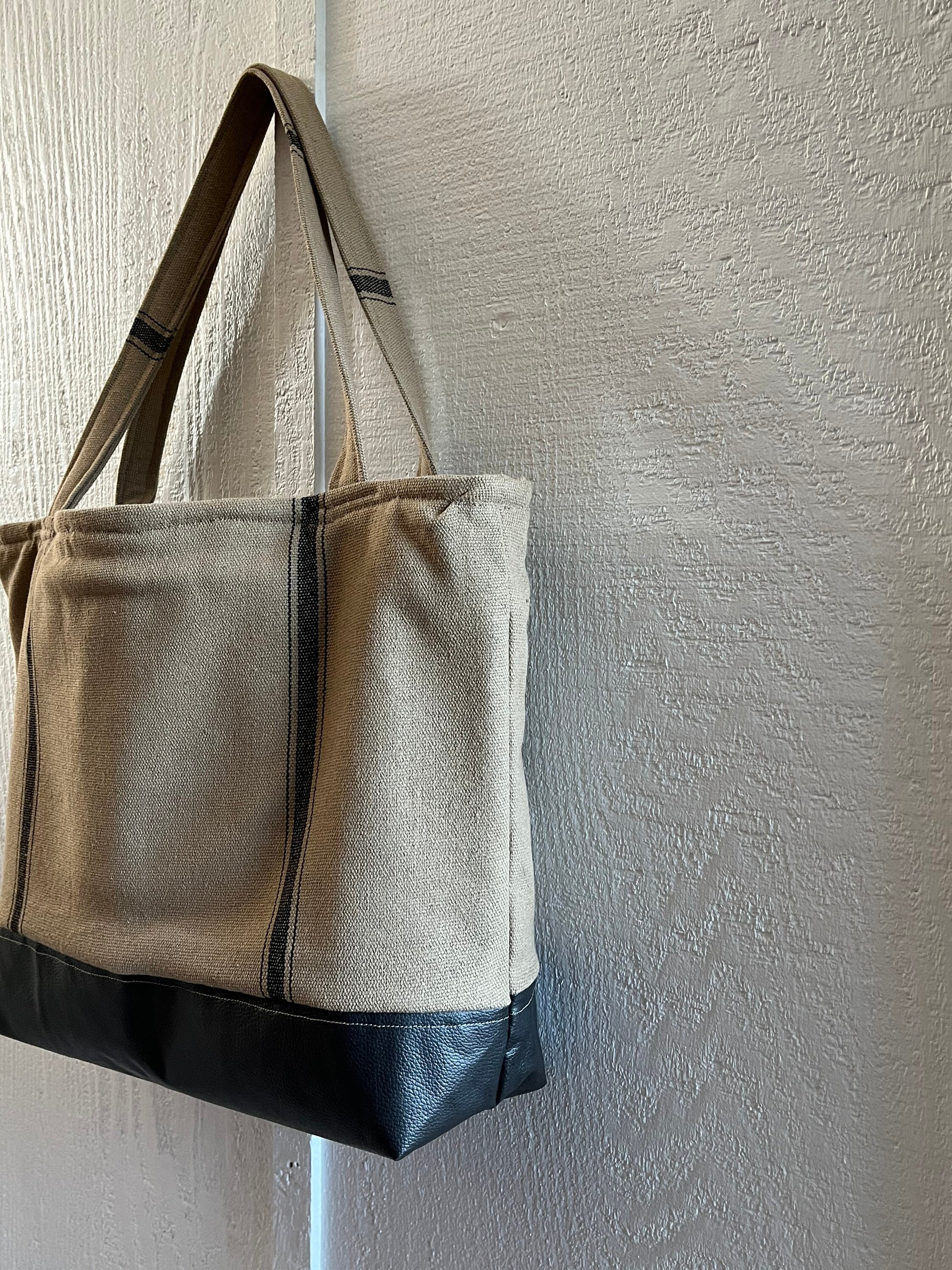 Farmhouse Tote, Brown With Black Stripes Grain Sack Tote, Zipper Pocket ...