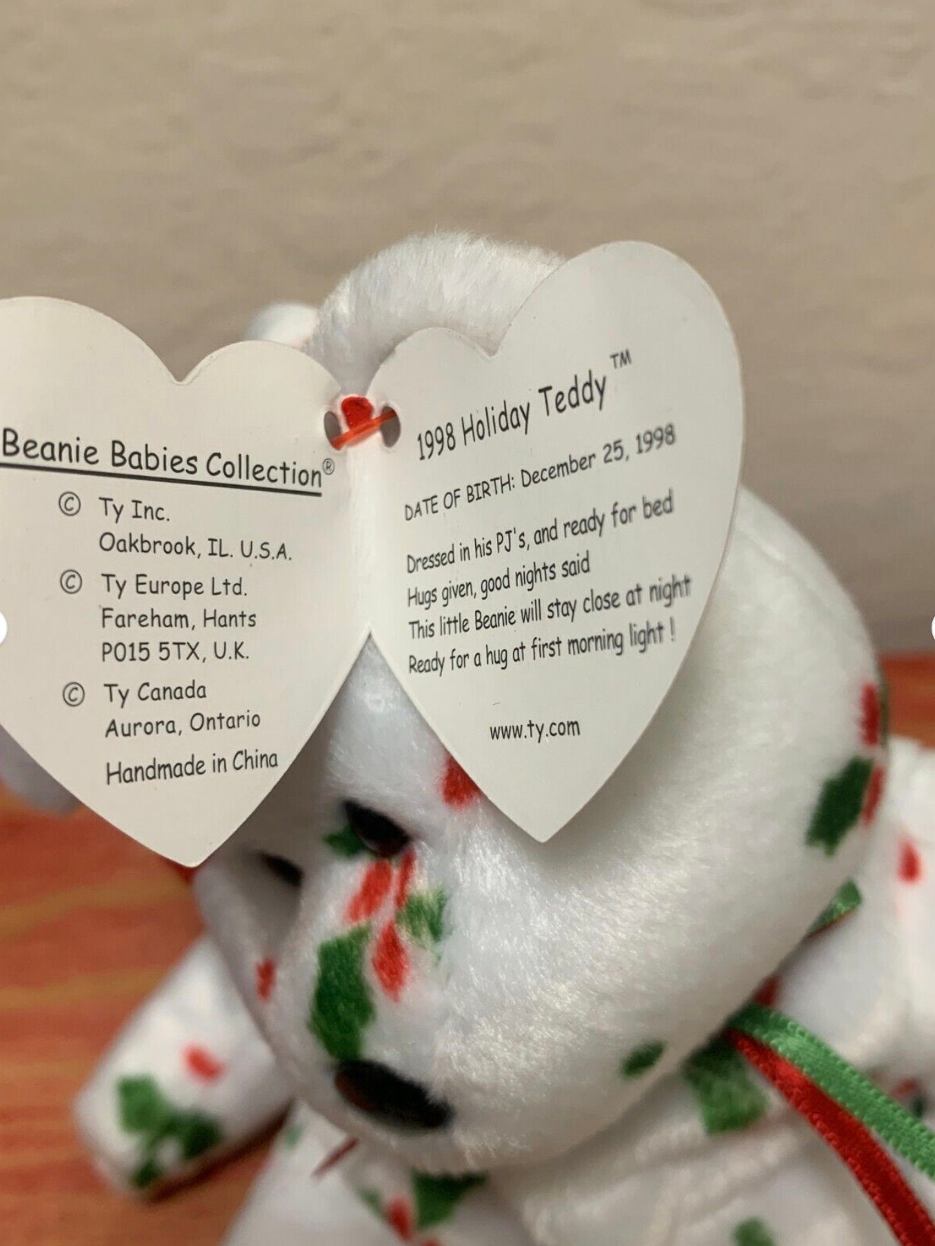 MINT Rare 1998 Holiday TEDDY Ty Beanie Baby PE Pellets Tag Errors Clean ...