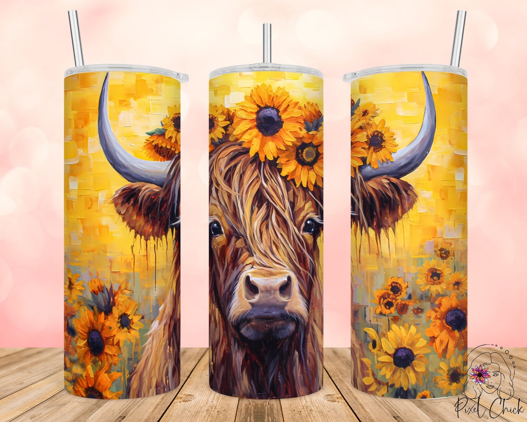 Highland Cow Tumbler Wrap, SEAMLESS Highland Cow and Sunflowers ...