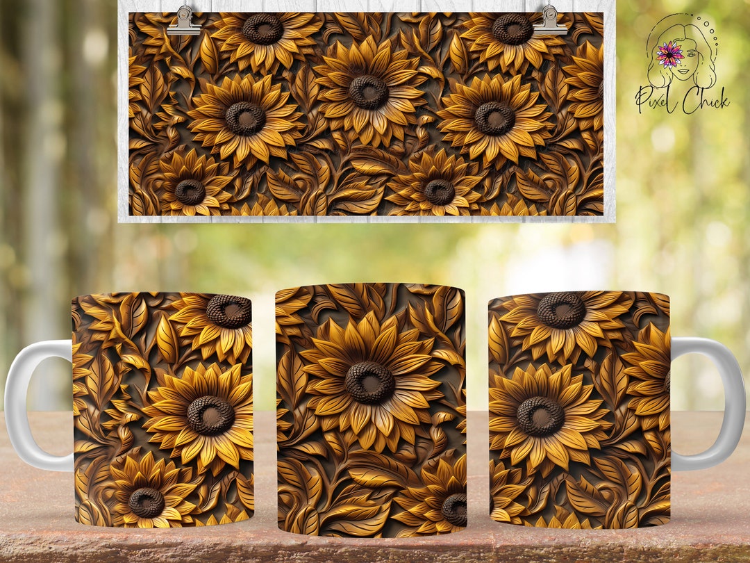 3D Carved Sunflowers Mug Wrap, 11oz and 15 Oz Mug Sublimation Design ...