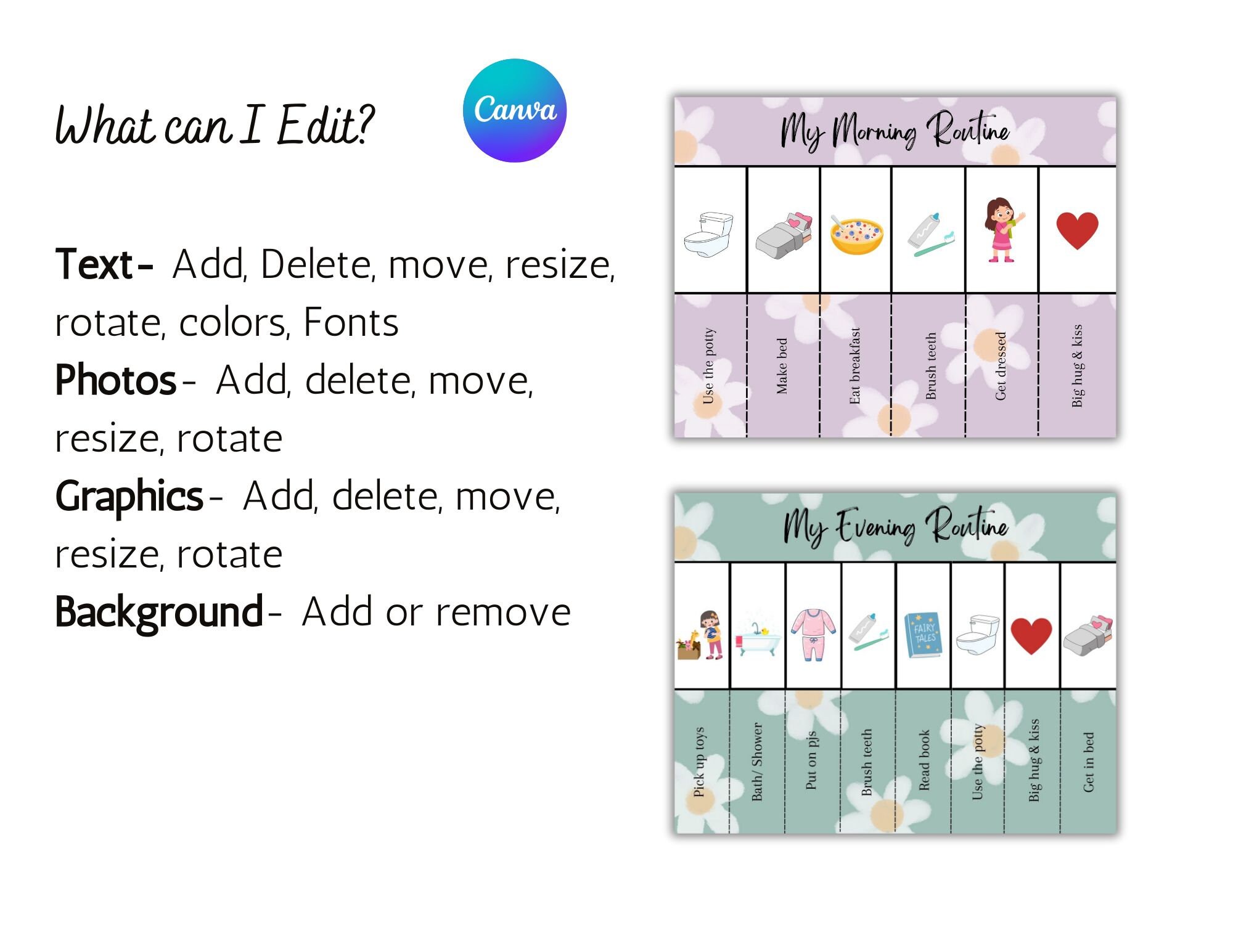 Girls Morning & Evening Routine Chart, Planning Toddler Bedtime Routine ...