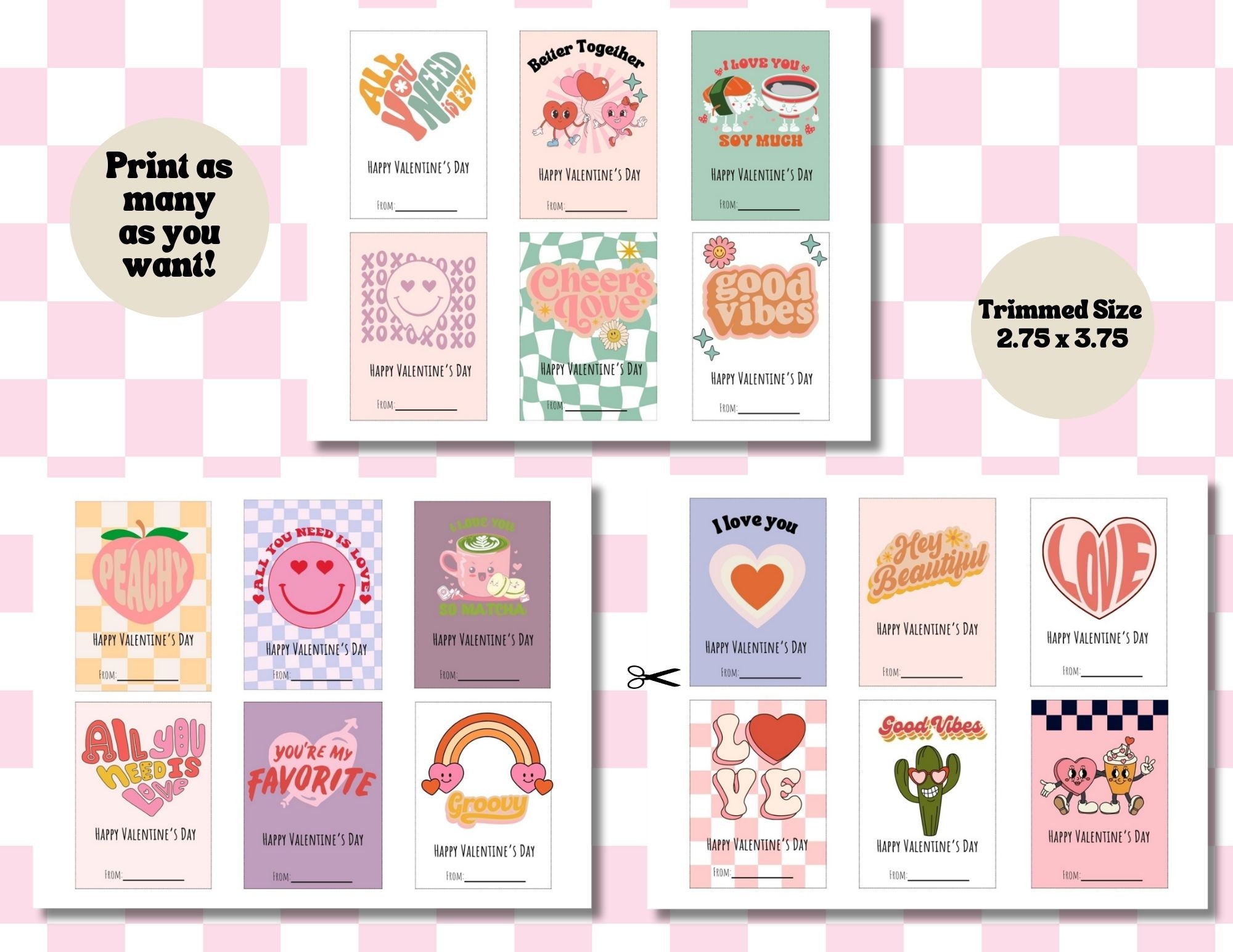 18 Printable Cute Retro Valentine's Day Card Set, Valentine's Day Card ...