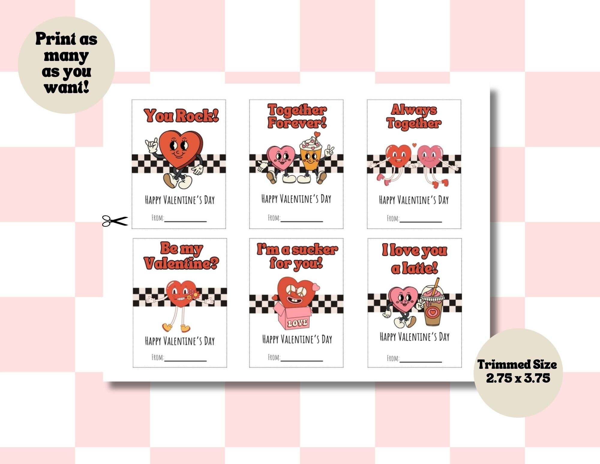 6 Printable Cute Retro Valentine's Day Card Set, Valentine's Day Card ...