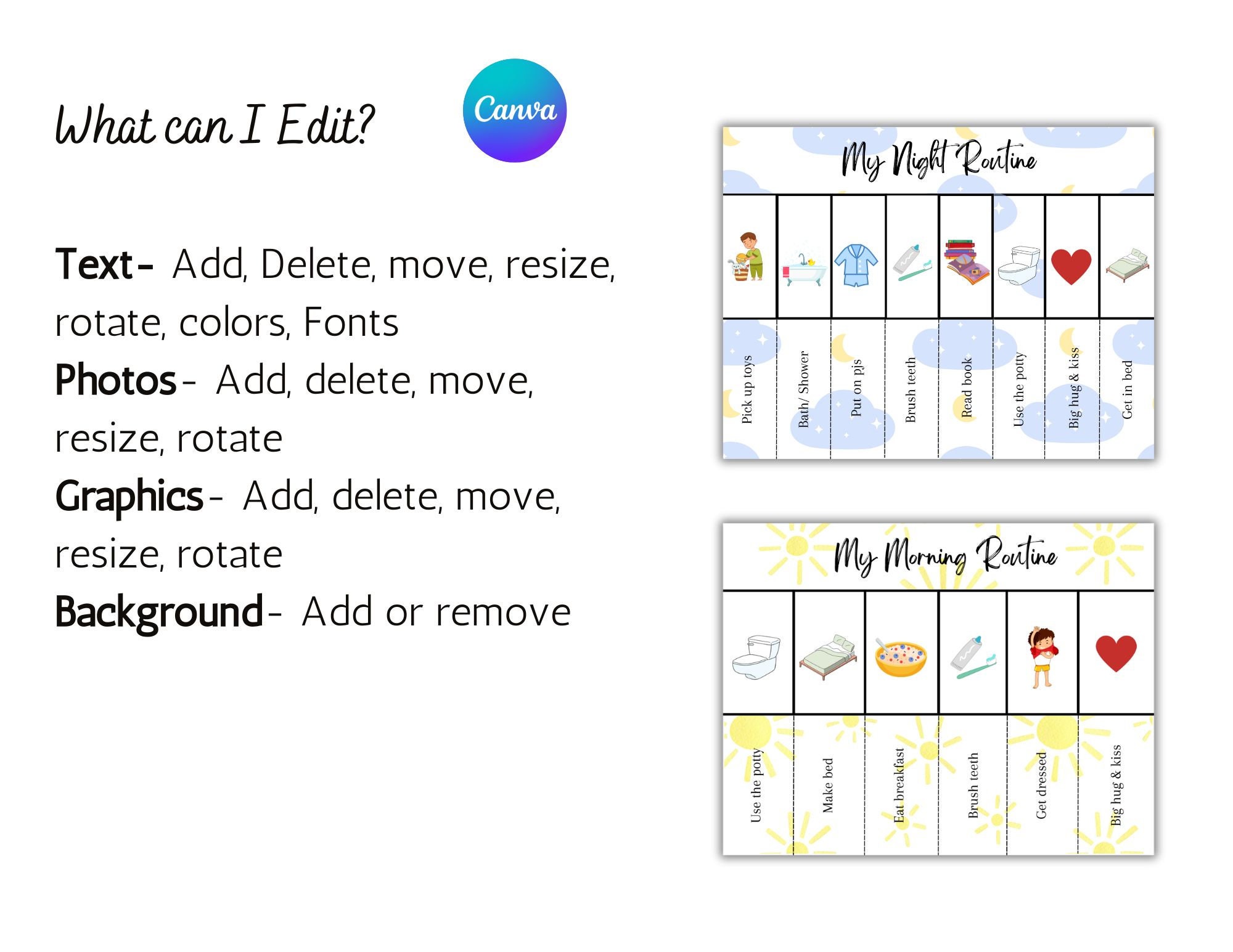 Boys Morning & Evening Routine Chart, Planning Toddler Bedtime Routine ...