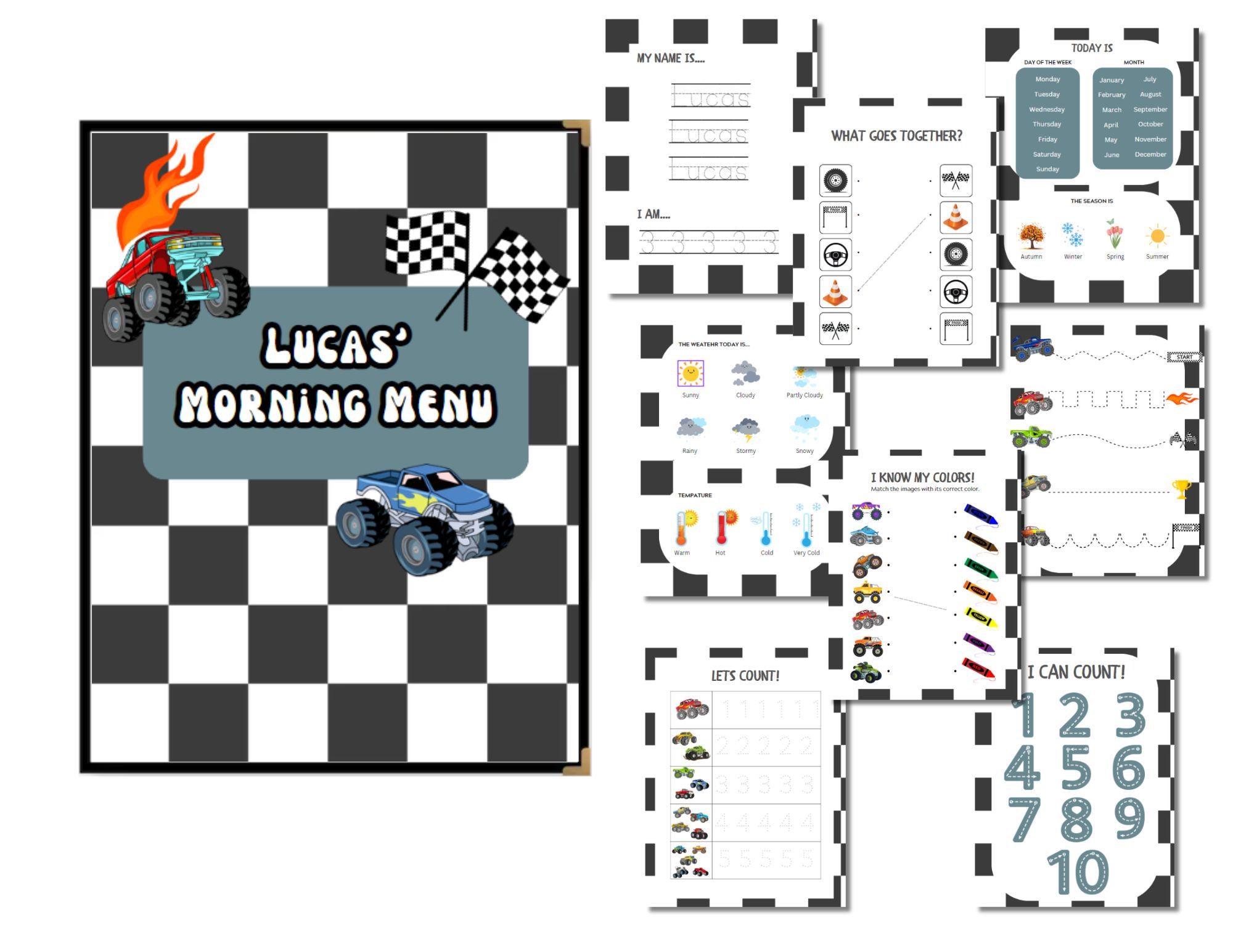 Monster Truck Morning Menu | Preschool | Homeschool Morning Menu ...