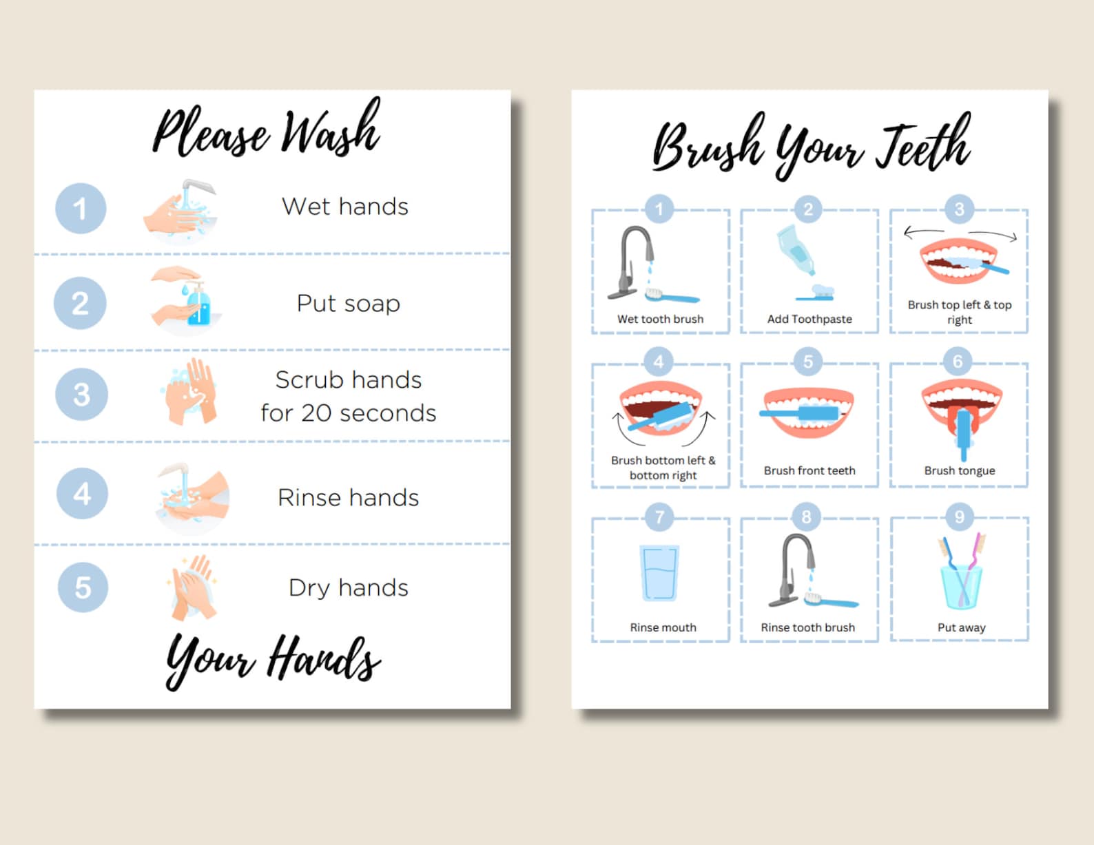 Educational Poster for Teeth Brushing & Washing Hands, Step by Step ...