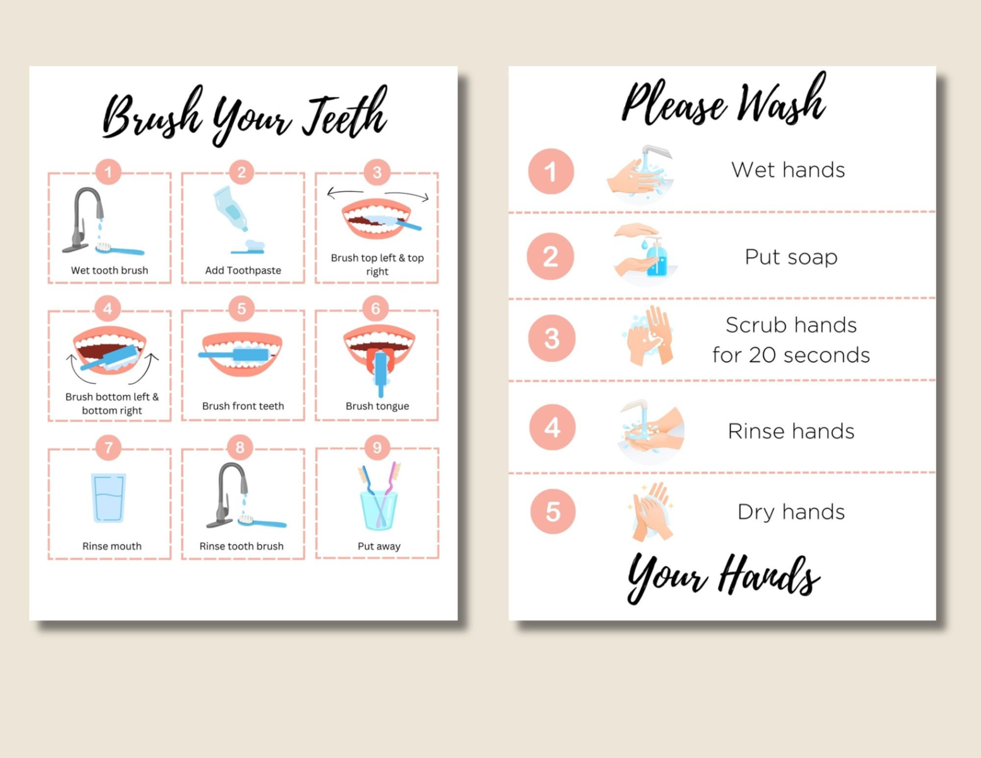 Educational Poster for Teeth Brushing & Washing Hands, Step by Step ...